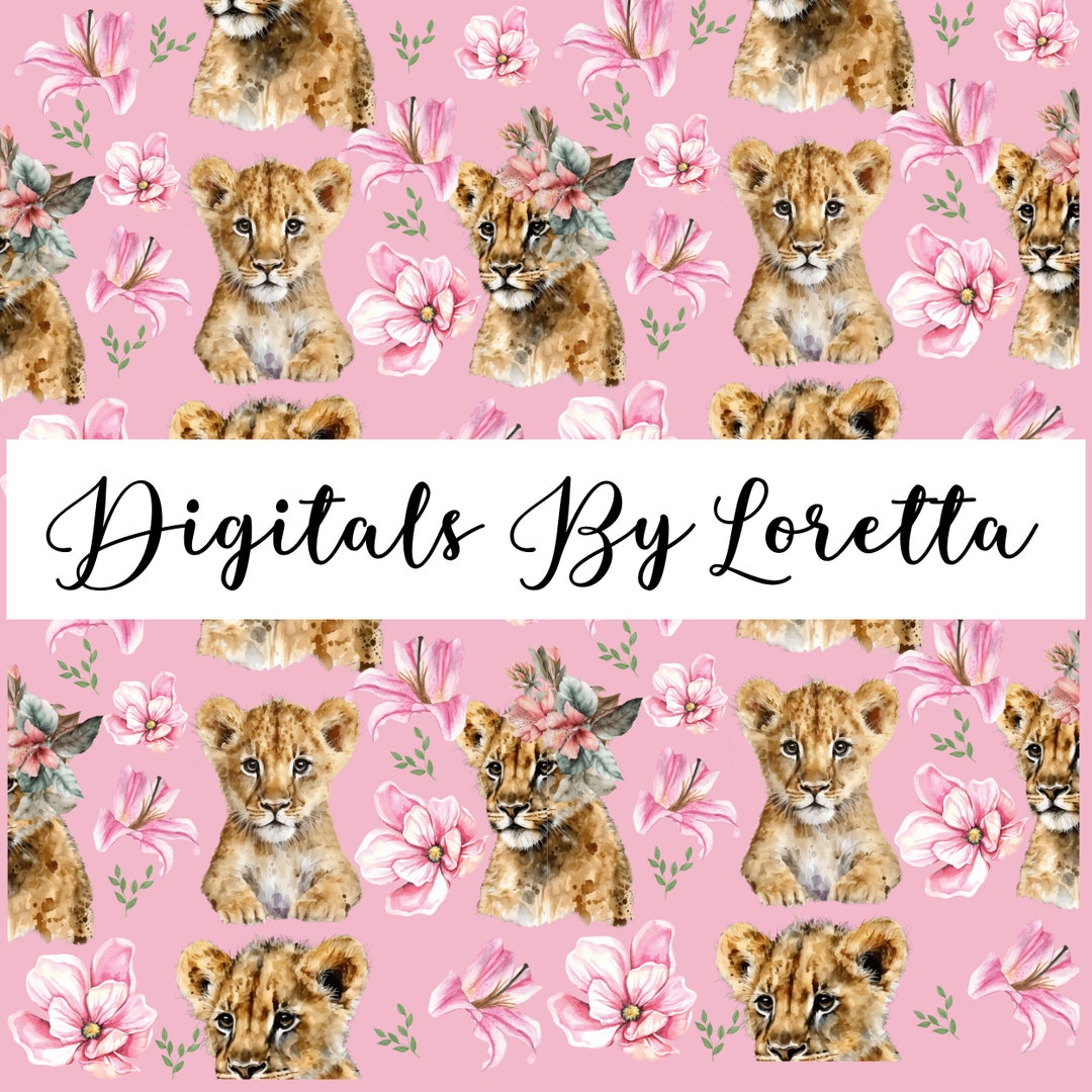 Watercolor Lion Cub and Floral Seamless Pattern With Pink Background ...