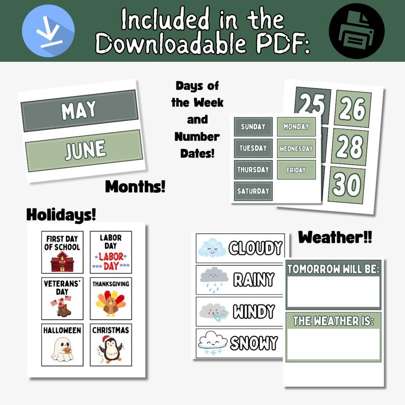 Green Nature Plants Classroom Calendar Set Printable, Pocket Chart ...