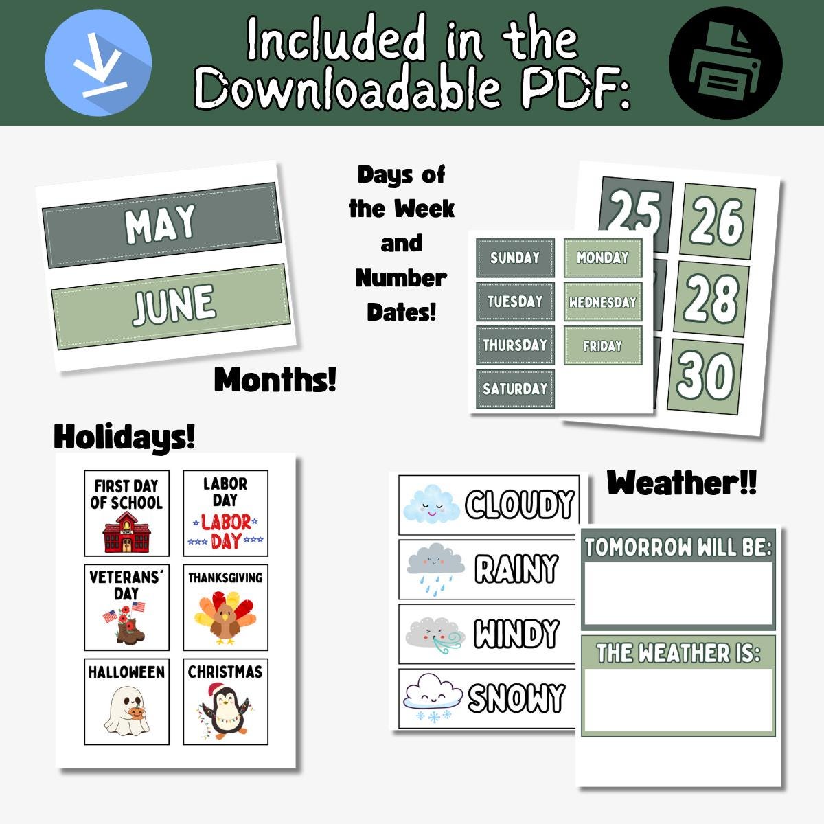 Classroom Calendar Printable Set: Green Nature Theme (PDF Downloadable ...
