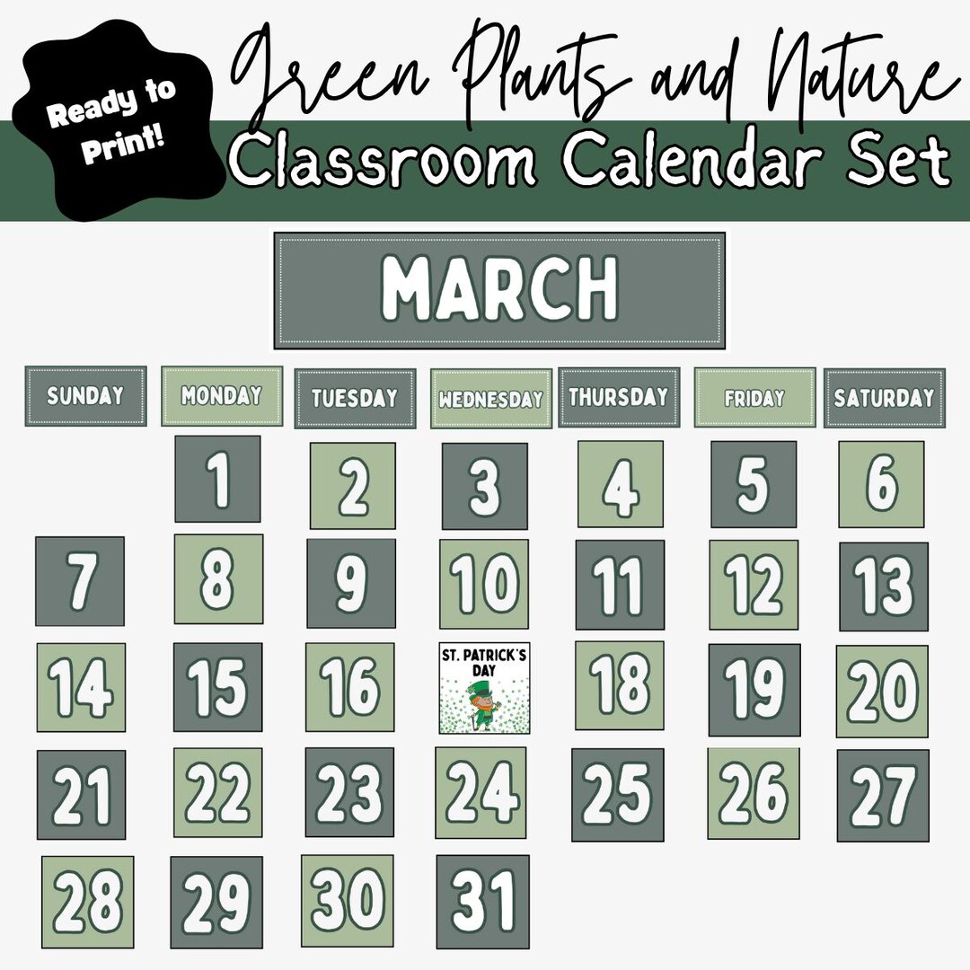 Green Nature Plants Classroom Calendar Set Printable, Pocket Chart ...