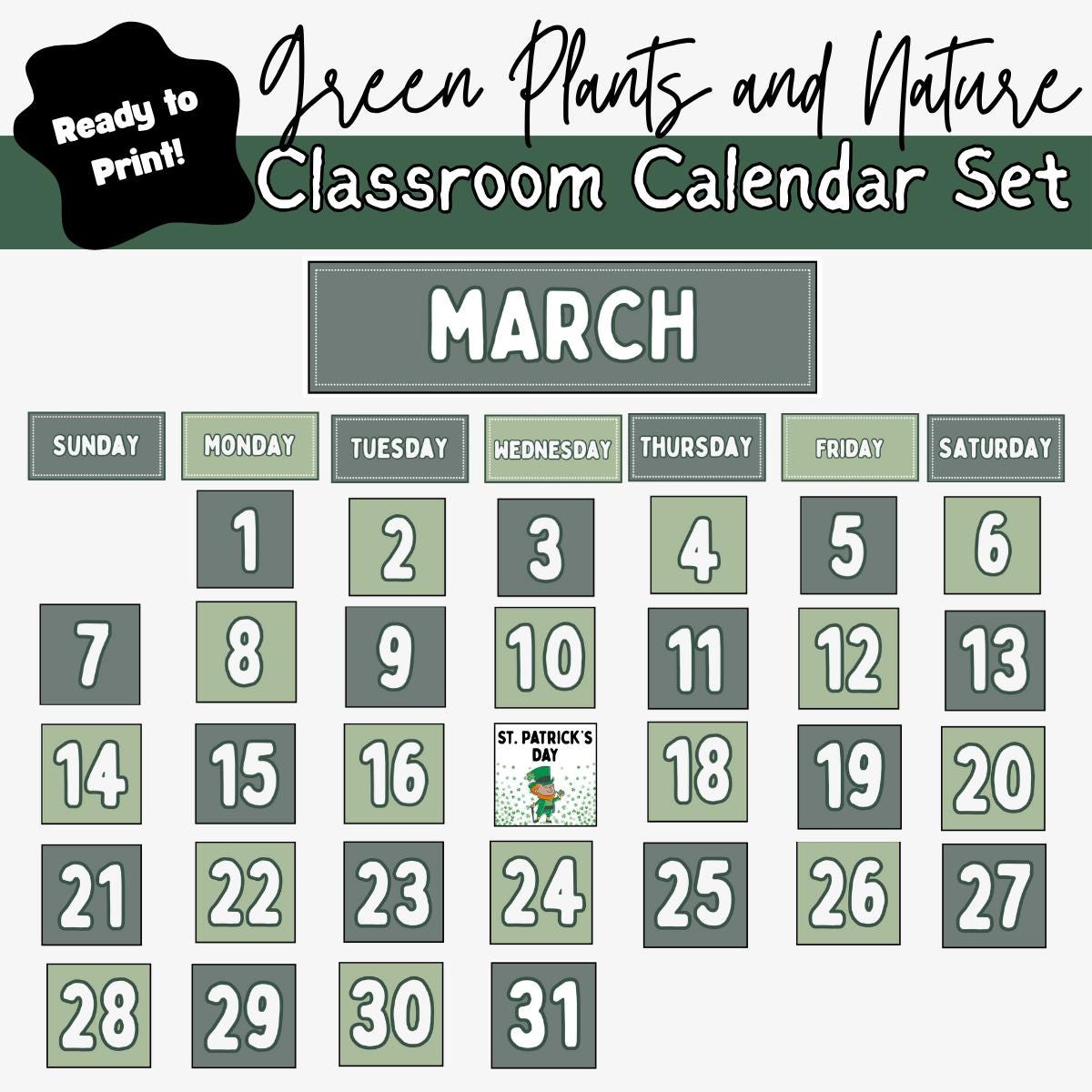 Green Nature Plants Classroom Calendar Set Printable, Pocket Chart ...