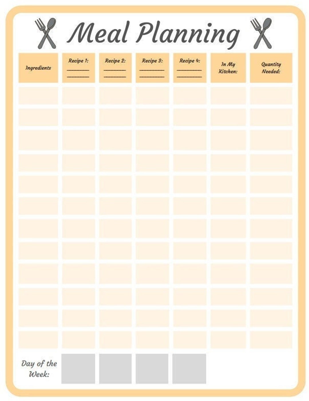Printable Meal Planner Template for Grocery Shopping Recipe Quantities ...