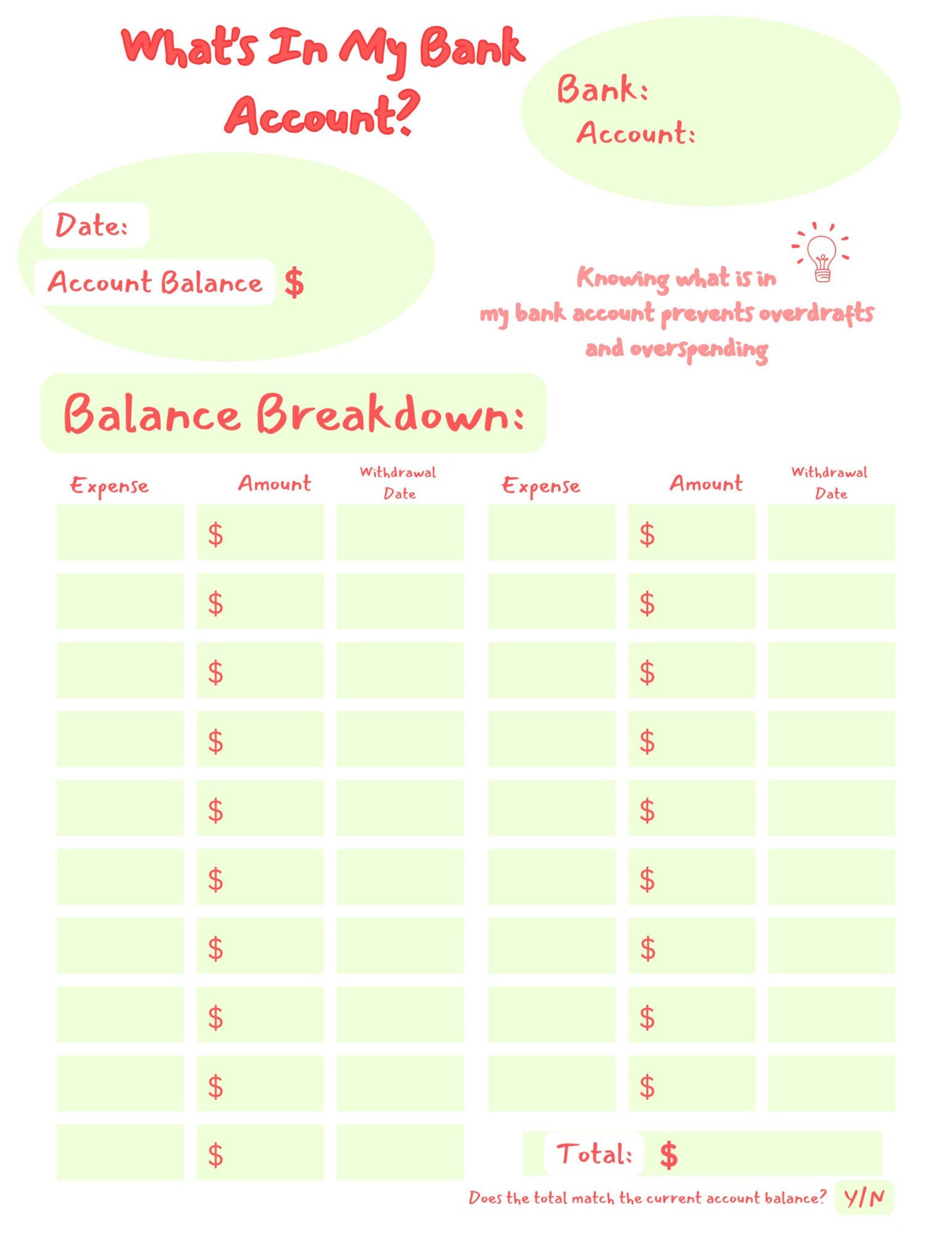 Printable Bank Account Breakdown Green - Etsy