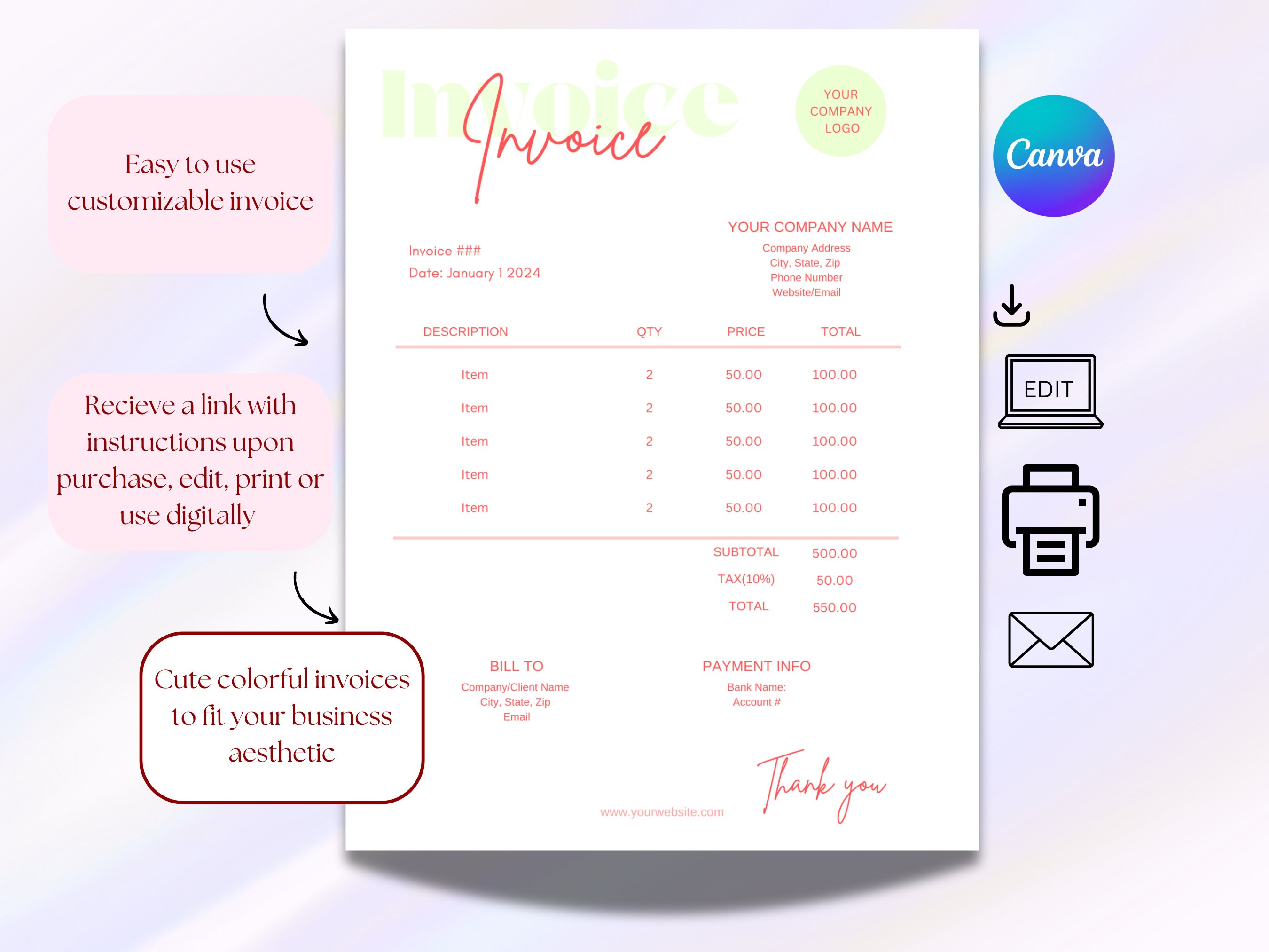 Editable Invoice Template US Letter - Etsy
