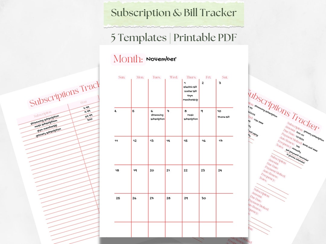 Subscription Bill Tracker Printable PDF - Etsy