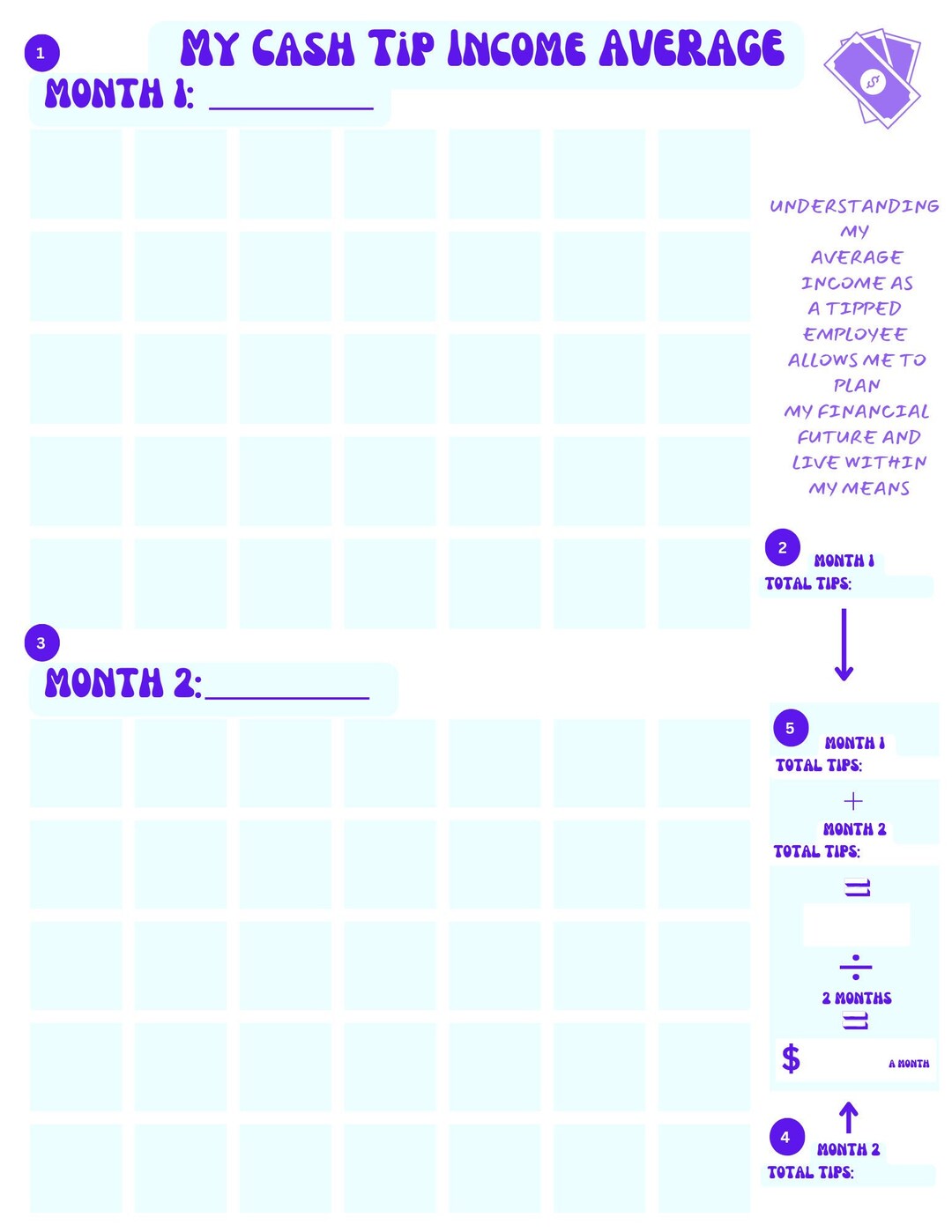Printable Cash Tip Income Worksheet Blue - Etsy