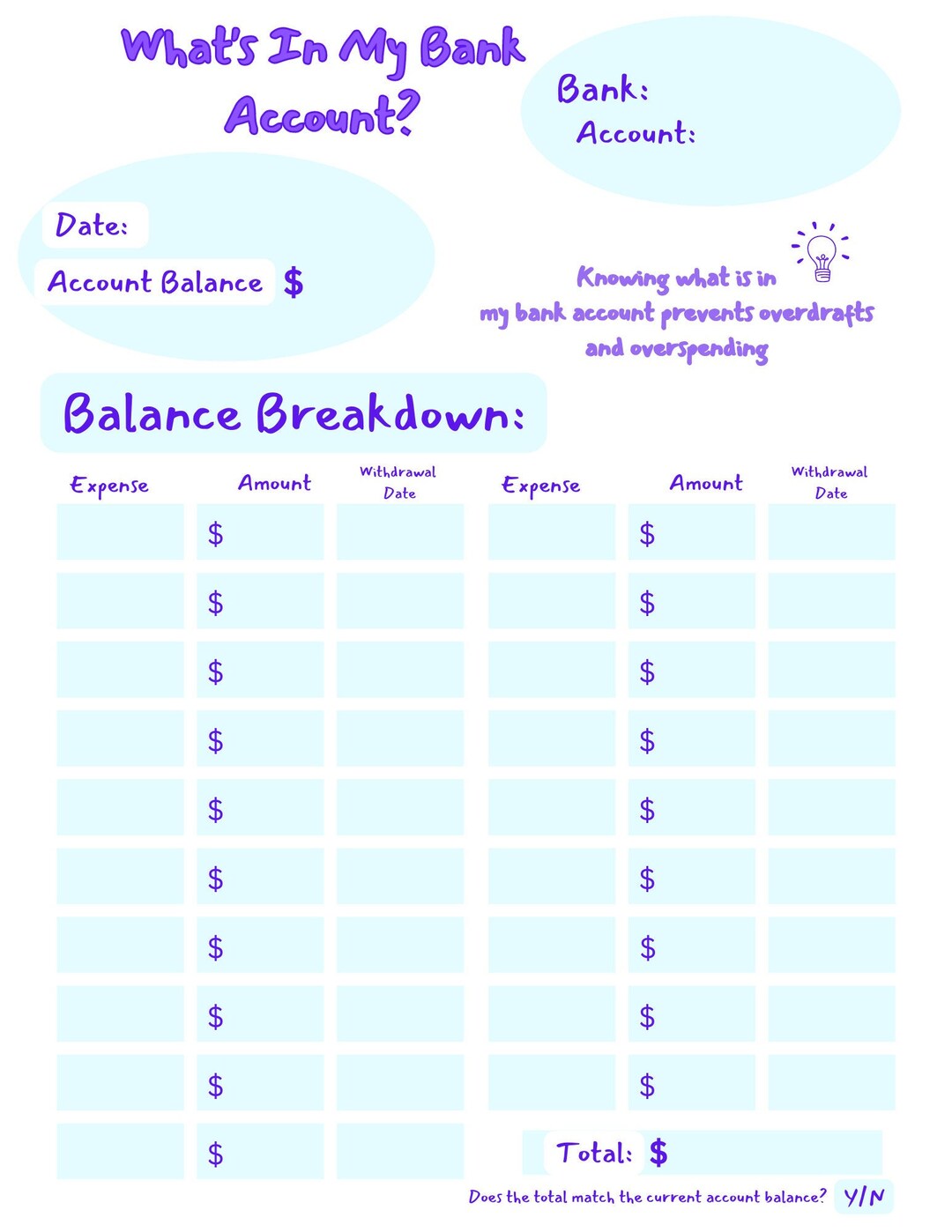Printable Bank Account Breakdown BLUE - Etsy
