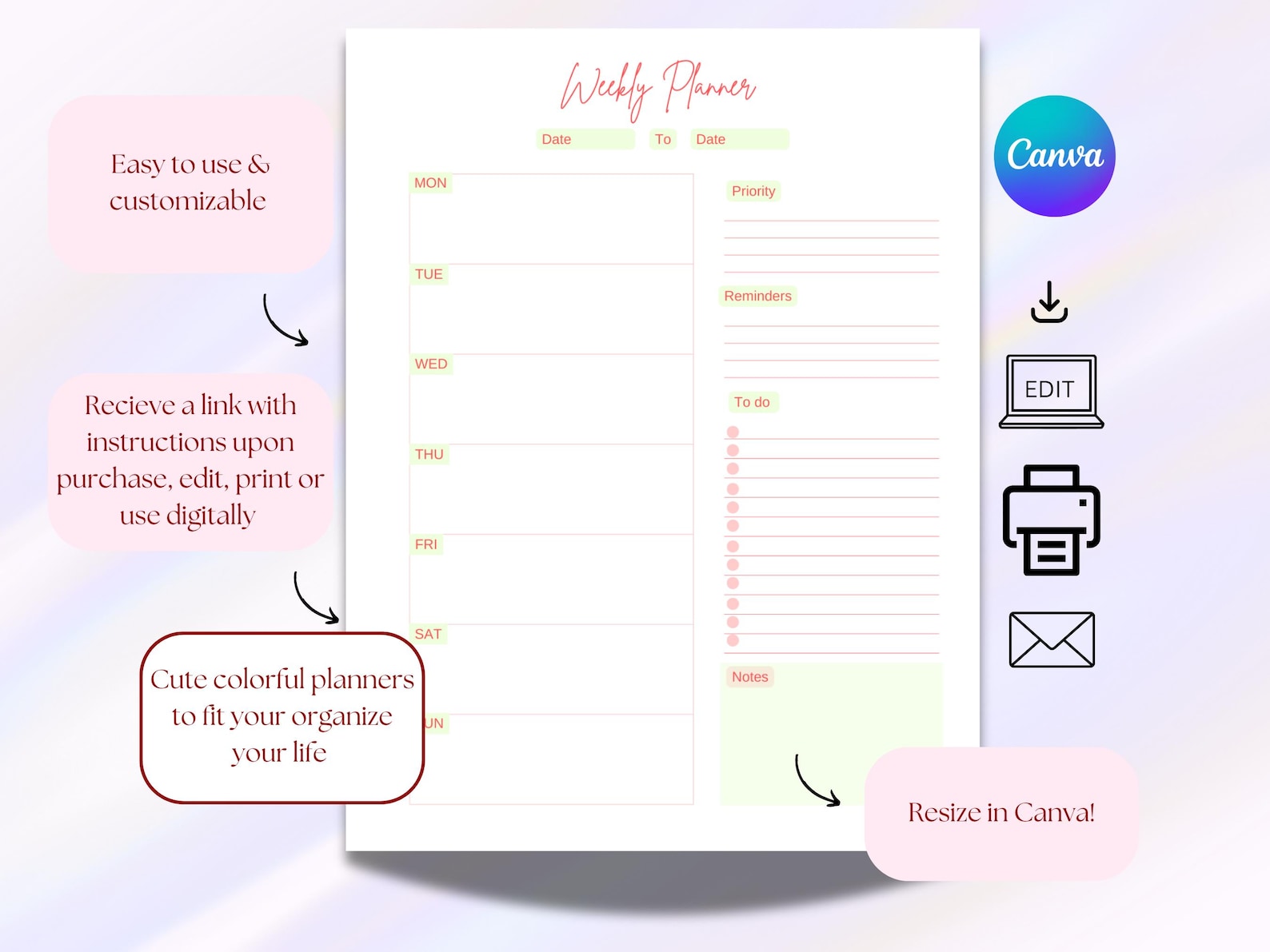 Editable Planner Daily Weekly Planner Printable PDF 21 Templates - Etsy