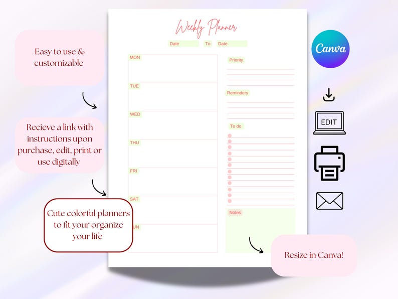 Editable Planner Daily Weekly Planner Printable PDF 21 Templates - Etsy