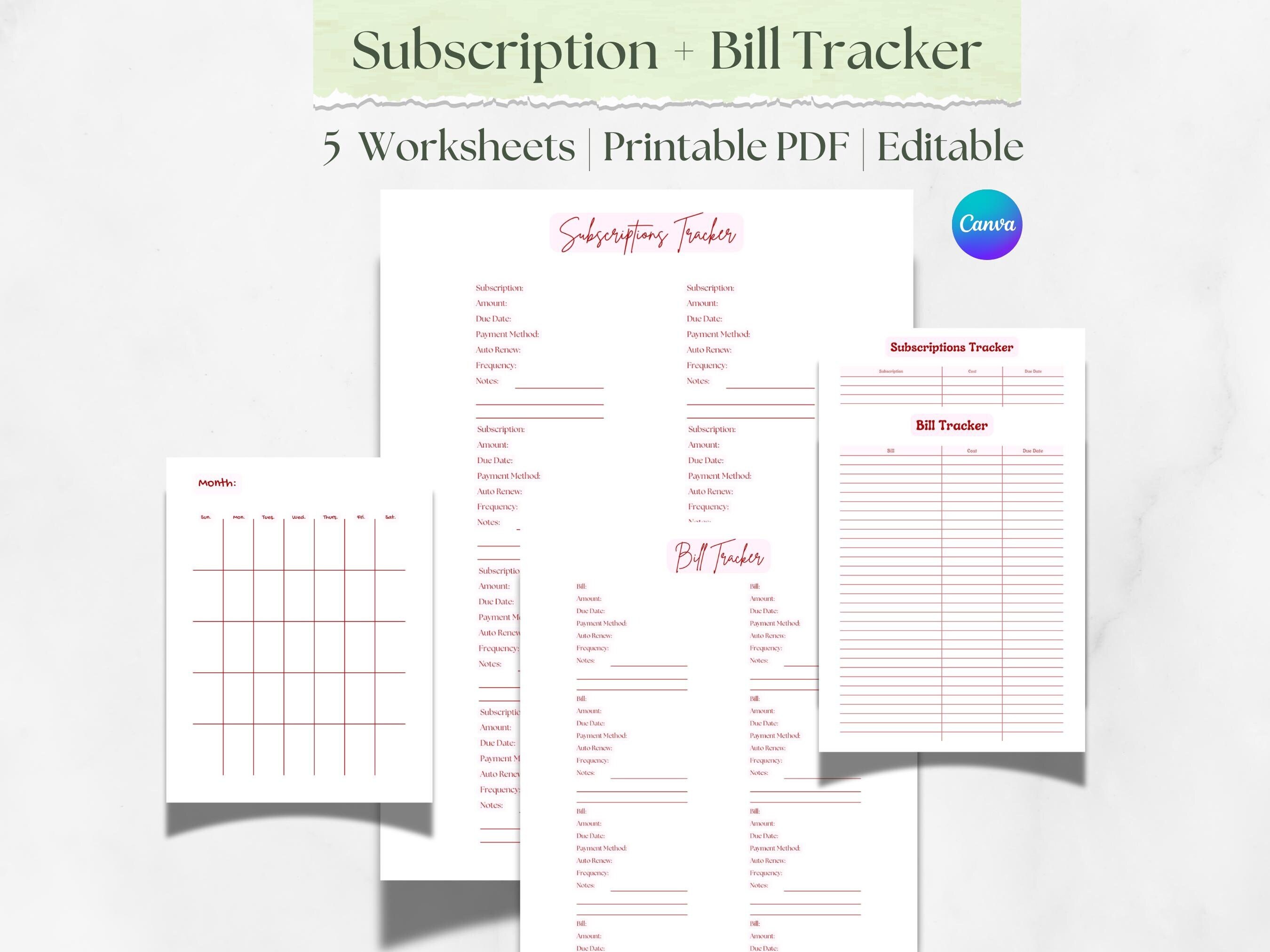 Editable Subscription Bill Tracker Editable Financial Planner Printable ...