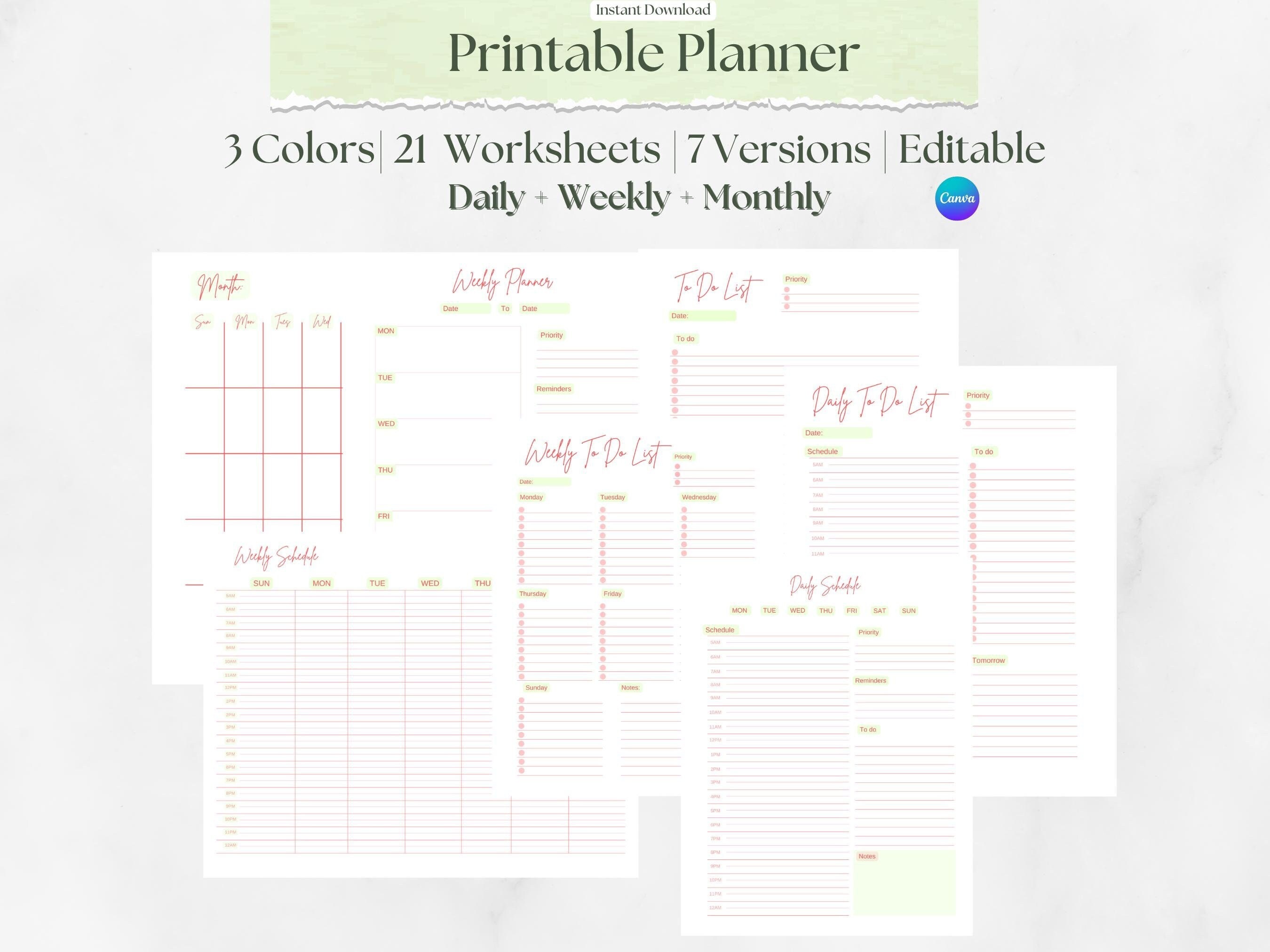 Editable Planner Daily Weekly Planner Printable PDF 21 Templates - Etsy