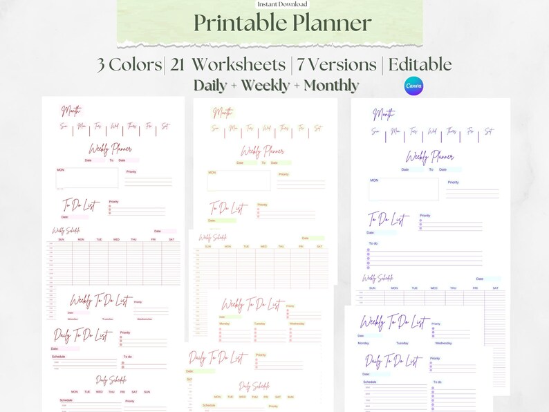Editable Planner Daily Weekly Planner Printable PDF 21 Templates - Etsy