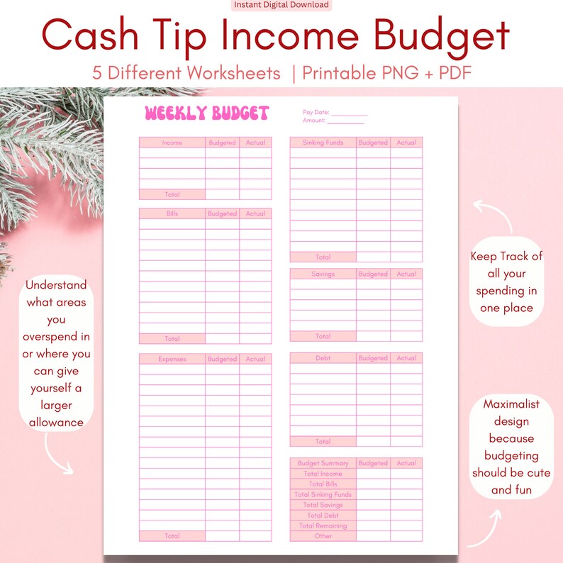 Cash Tip Income Budget Tip Shift Tracker Money Tracker Server Bartender ...