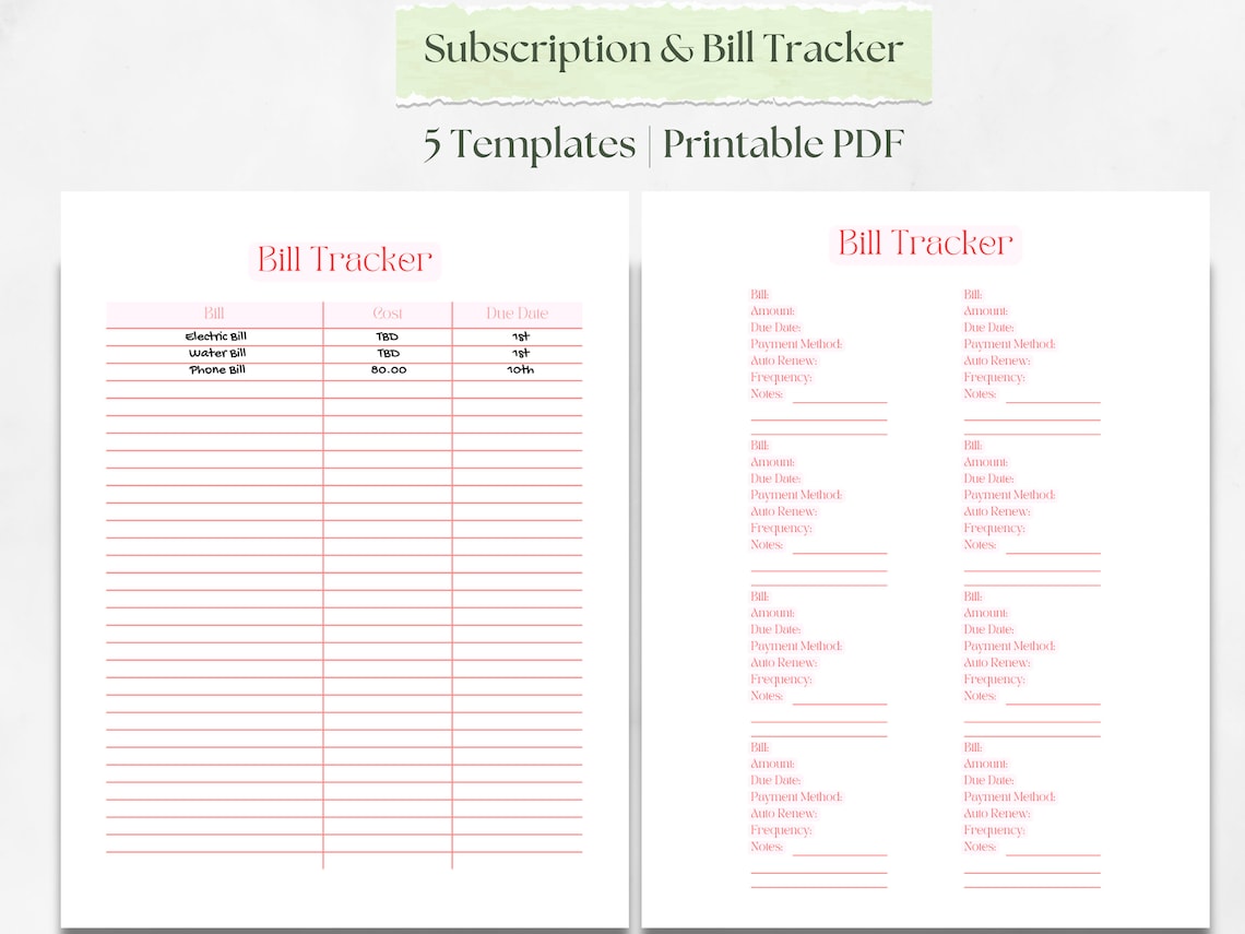 Subscription Bill Tracker Printable PDF - Etsy