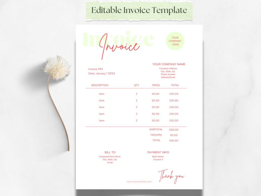 Editable Invoice Template US Letter - Etsy