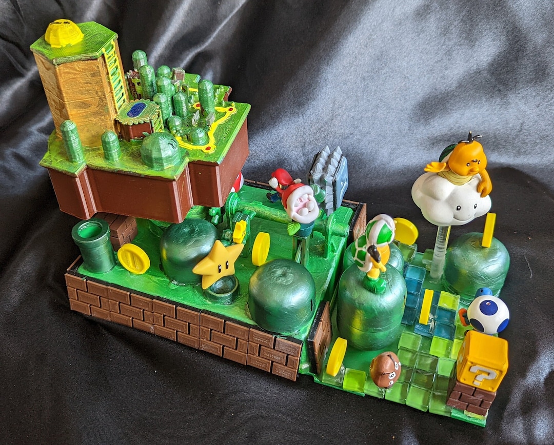 Mini Moving Mario Diorama Hills With Faces, Plant, Cloud, Whomp Angry ...