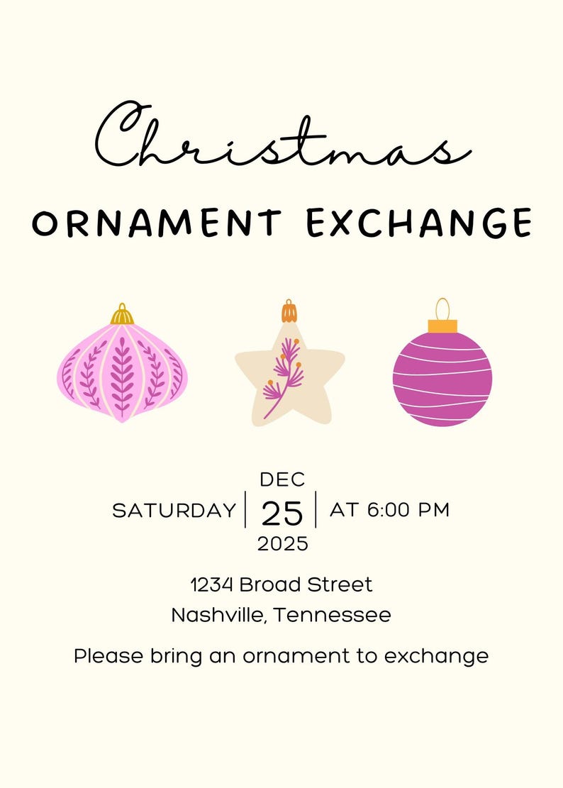 Pink Christmas Ornament Exchange Invitation: Editable Canva Template ...