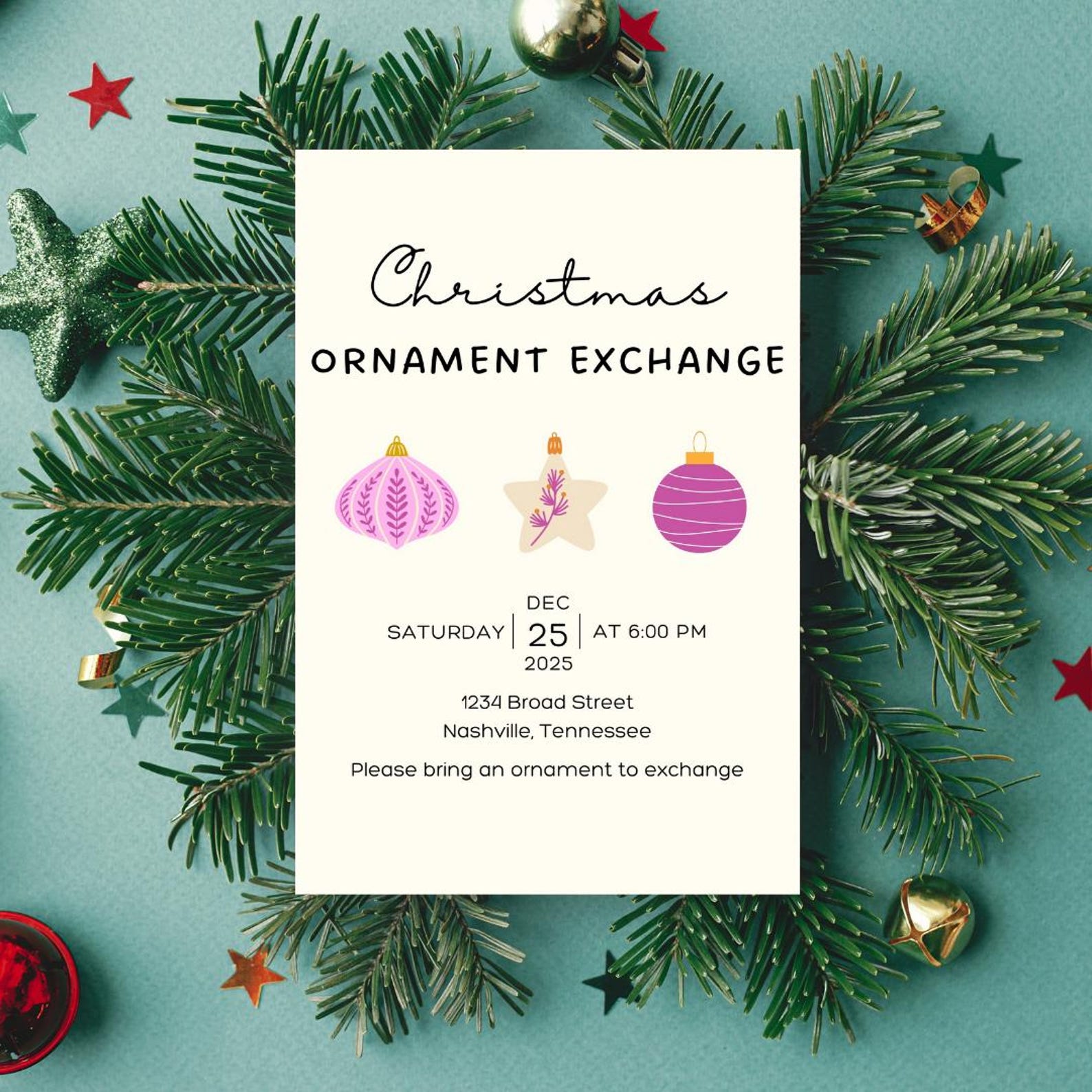 Pink Christmas Ornament Exchange Invitation: Editable Canva Template ...