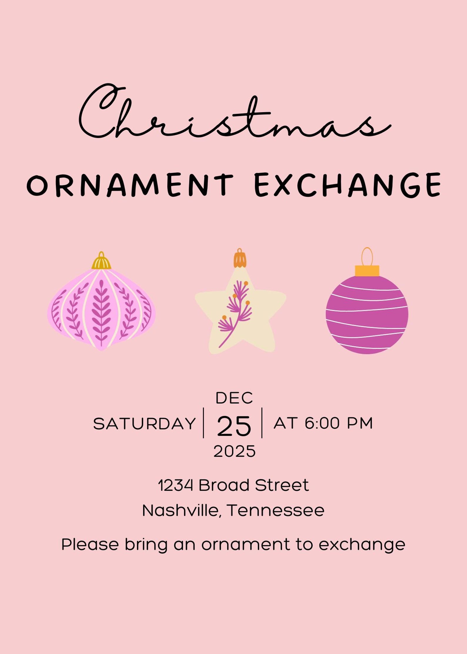 Pink Christmas Ornament Exchange Invitation: Editable Canva Template ...