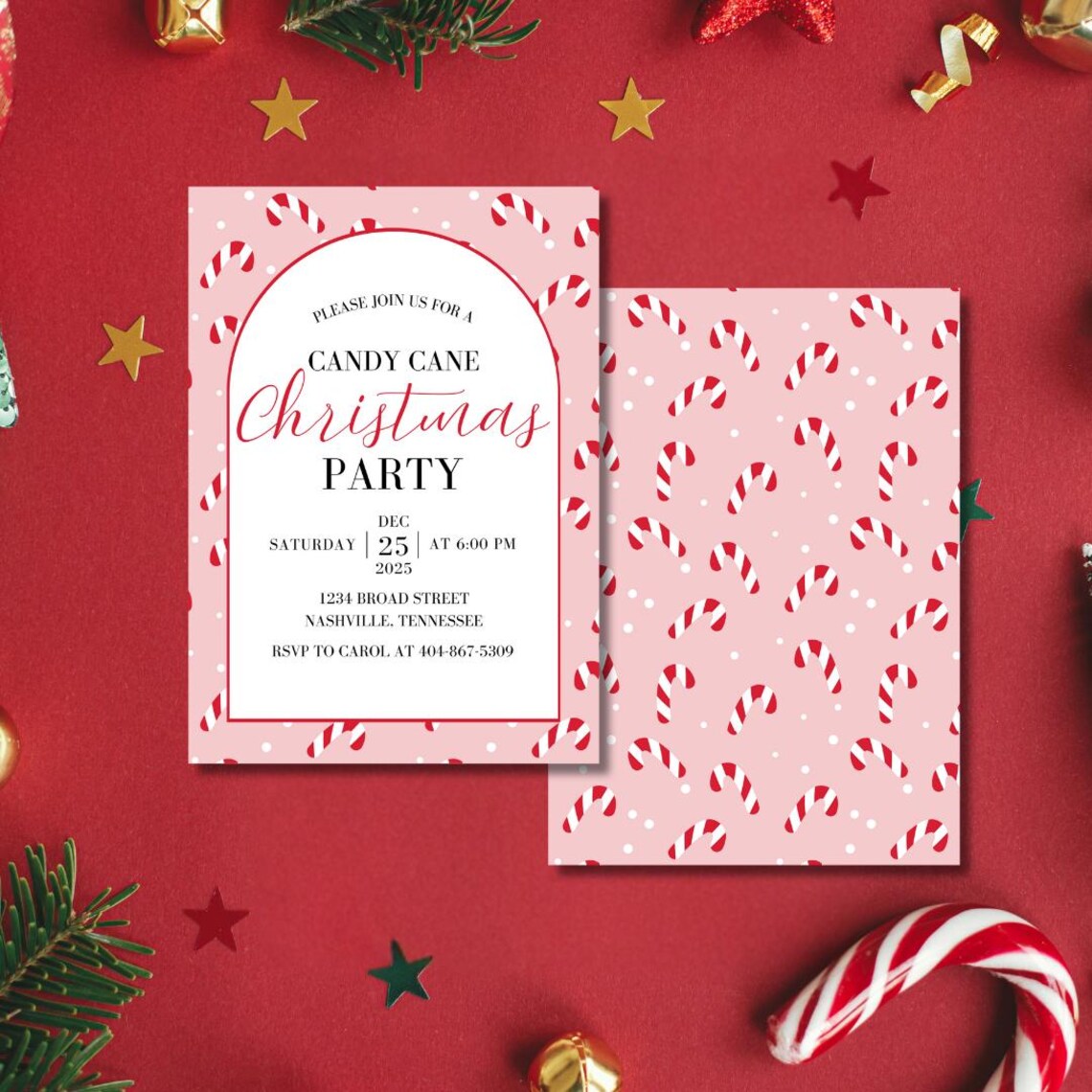 Candy Cane Christmas Party Invitation Template: Editable Canva Design ...
