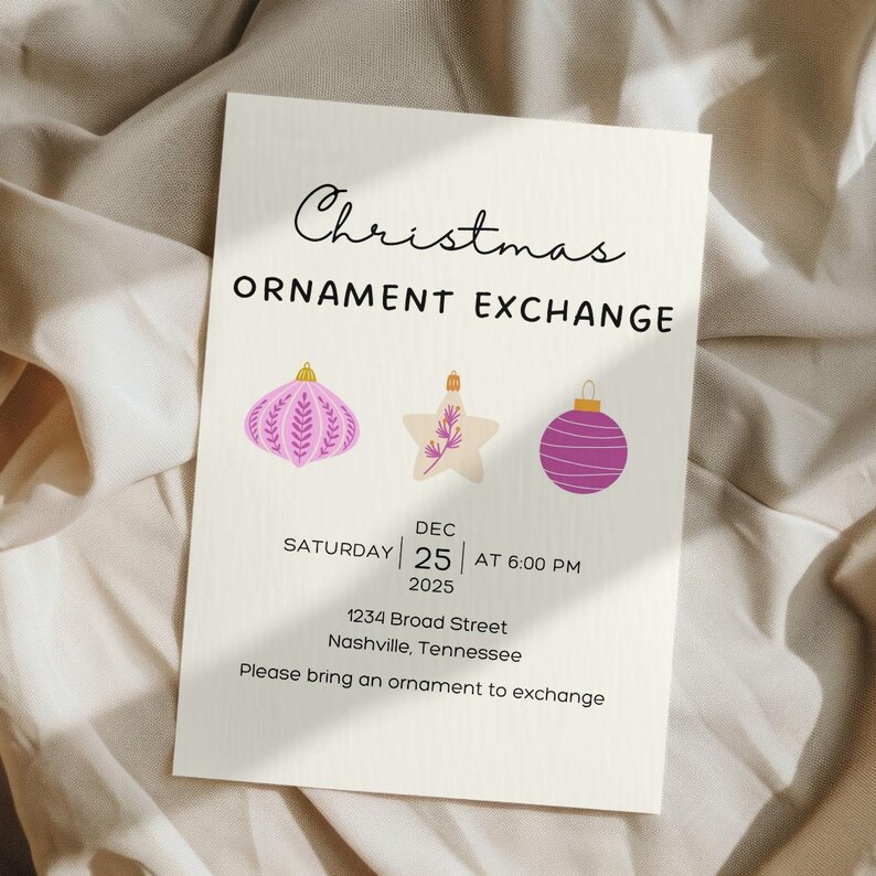 Pink Christmas Ornament Exchange Invitation: Editable Canva Template ...