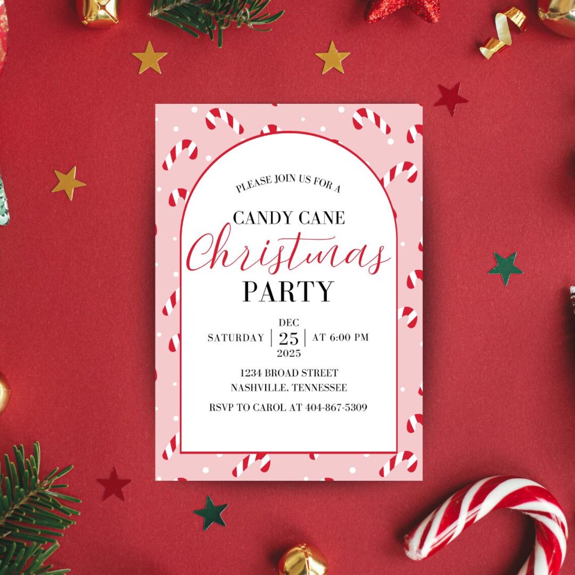 Candy Cane Christmas Party Invitation Template: Editable Canva Design ...