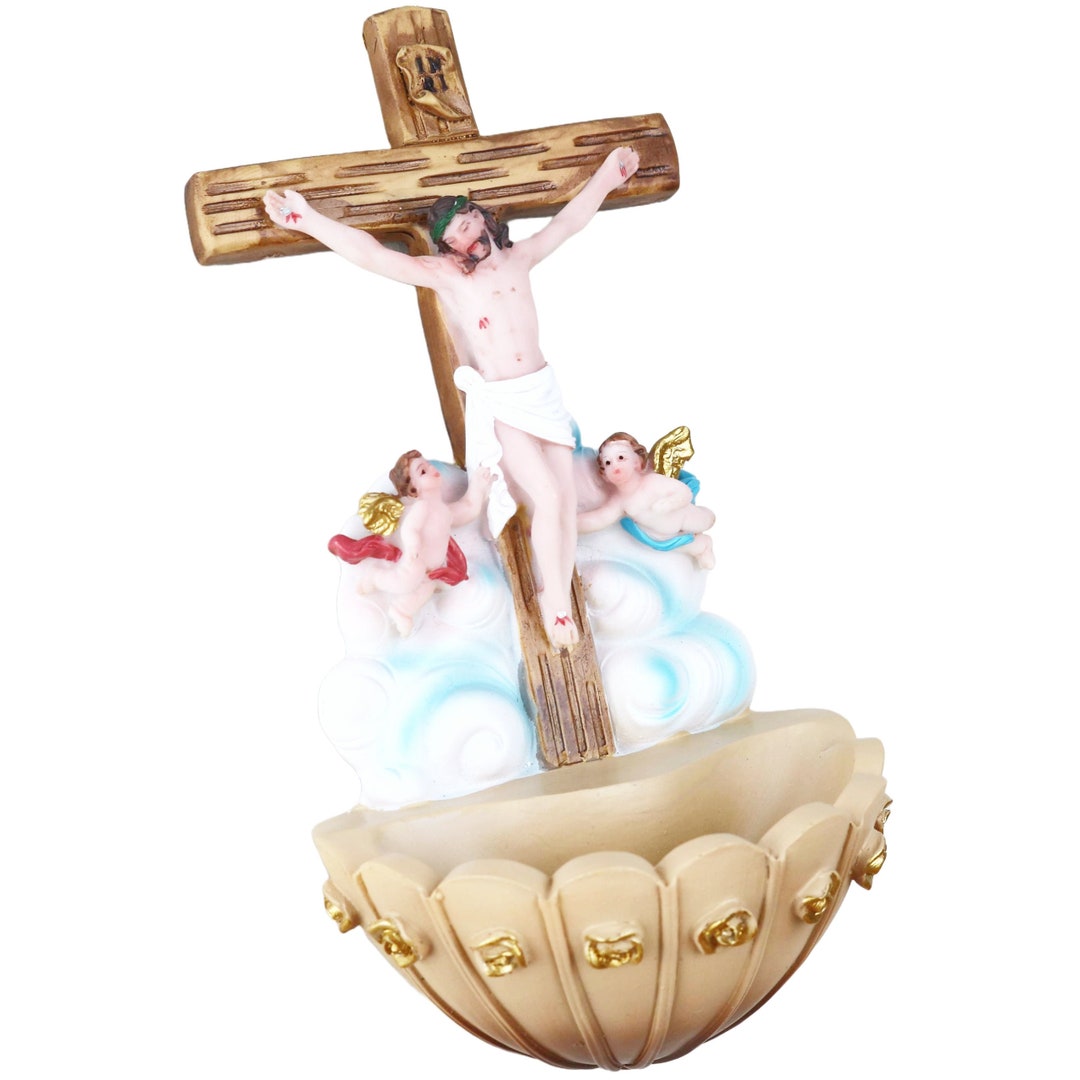Christ on the Cross Holy Water Font 7.5 Inch Resin Figure Features Hook ...