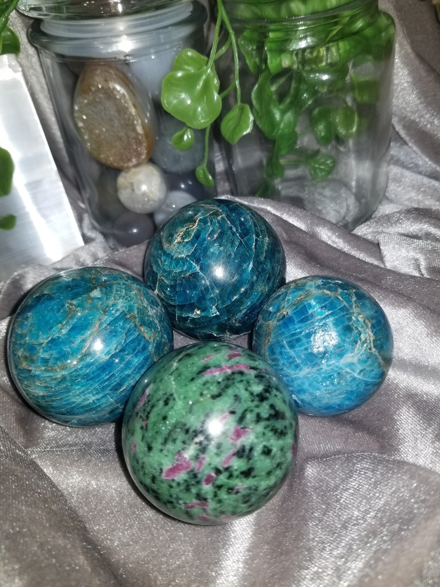 Neon Blue Apatite Spheres and Tower, Ruby Zoisite, and Ruby Kyanite Sphere Natural Crystal ...