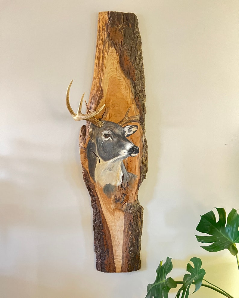 Whitetail Deer on Live Edge Wood Slab, Real Antler, 3D Art - Etsy