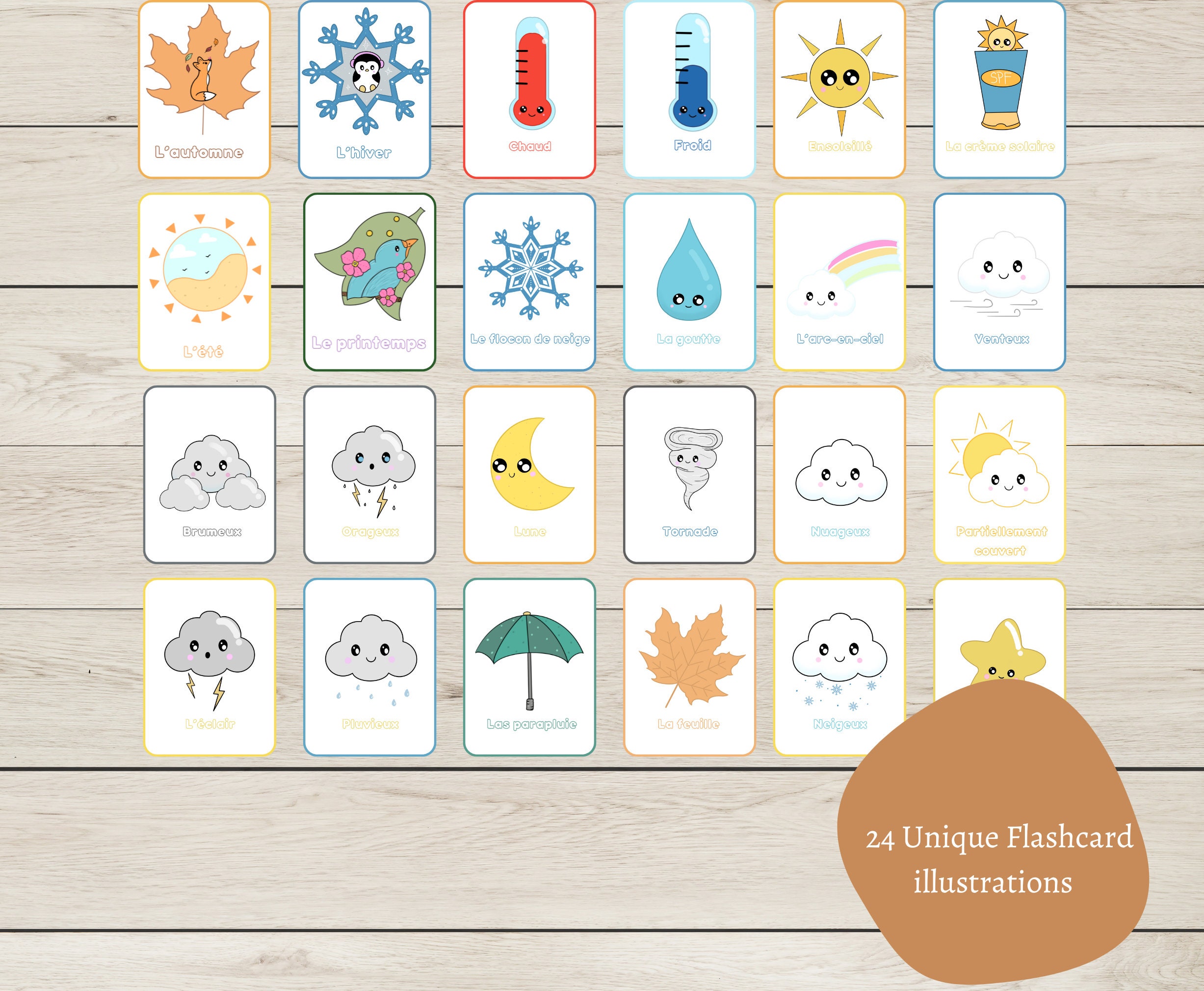 French Weather Flashcards (24 Count), Printable Digital PDF ...