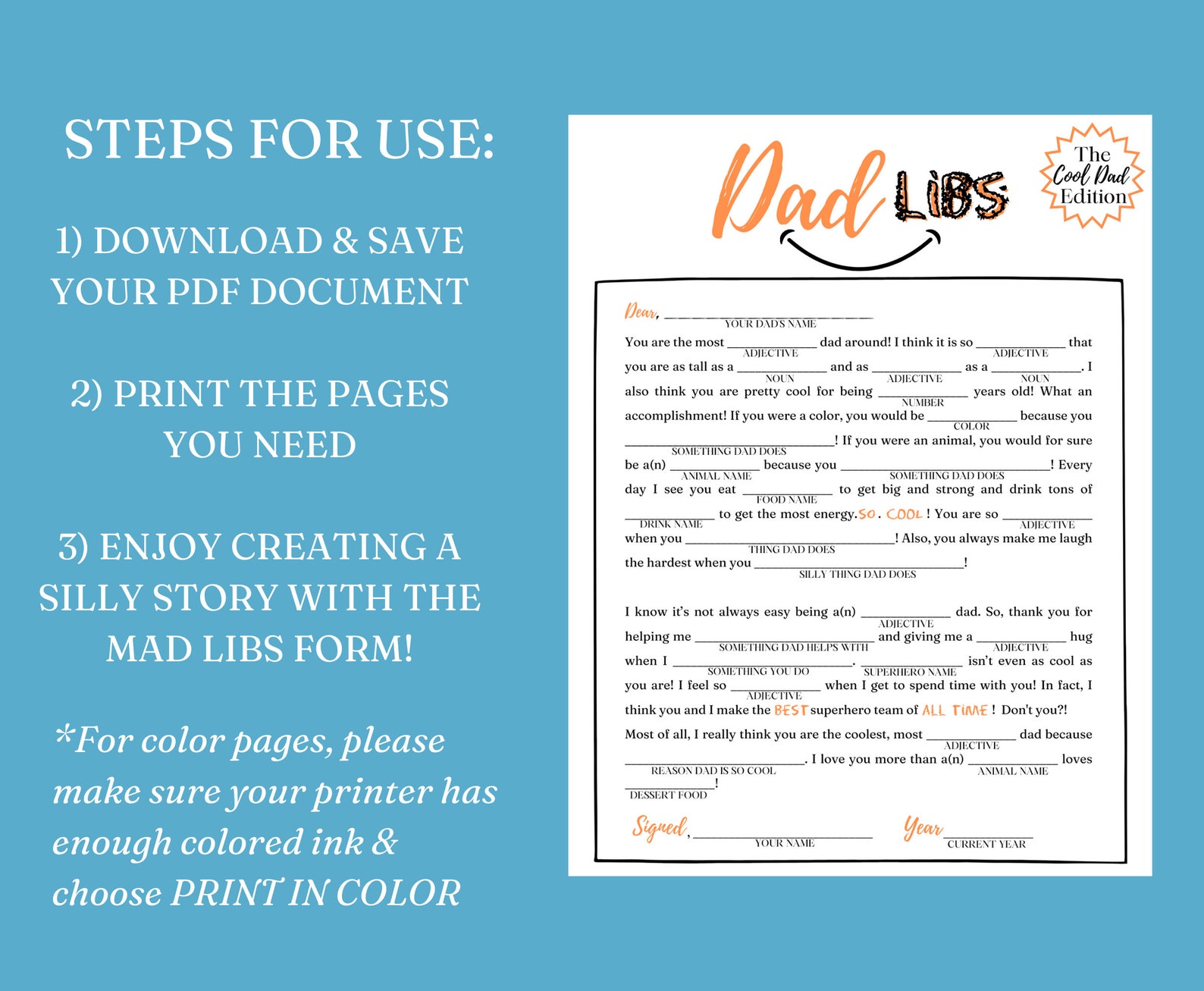 Father's Day Gift, Dad Libs Activity! Cool Dad Edition! Mad Libs ...