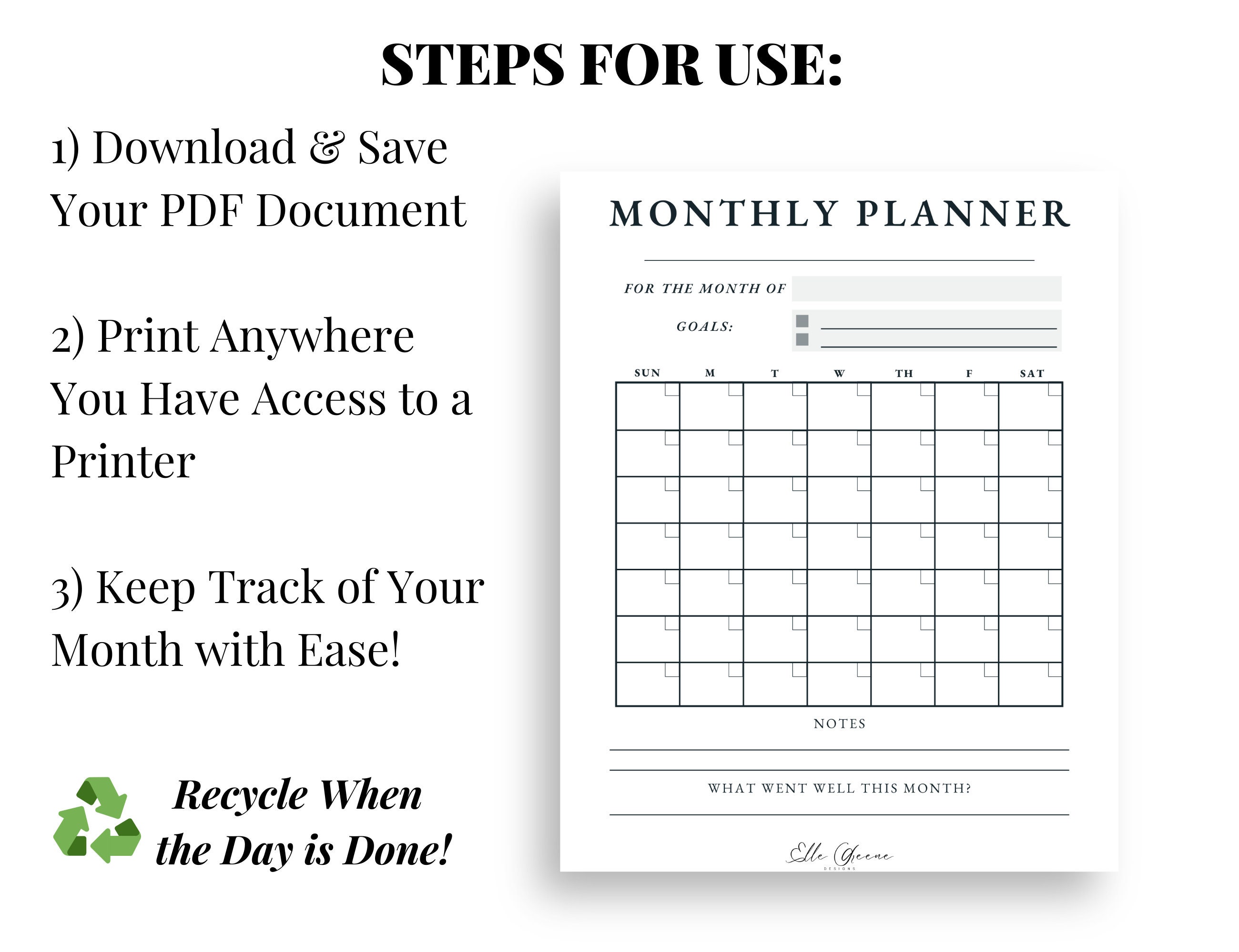 MONTHLY PLANNER PRINTABLE (basic) Document Your Top 3 Goals, Daily ...