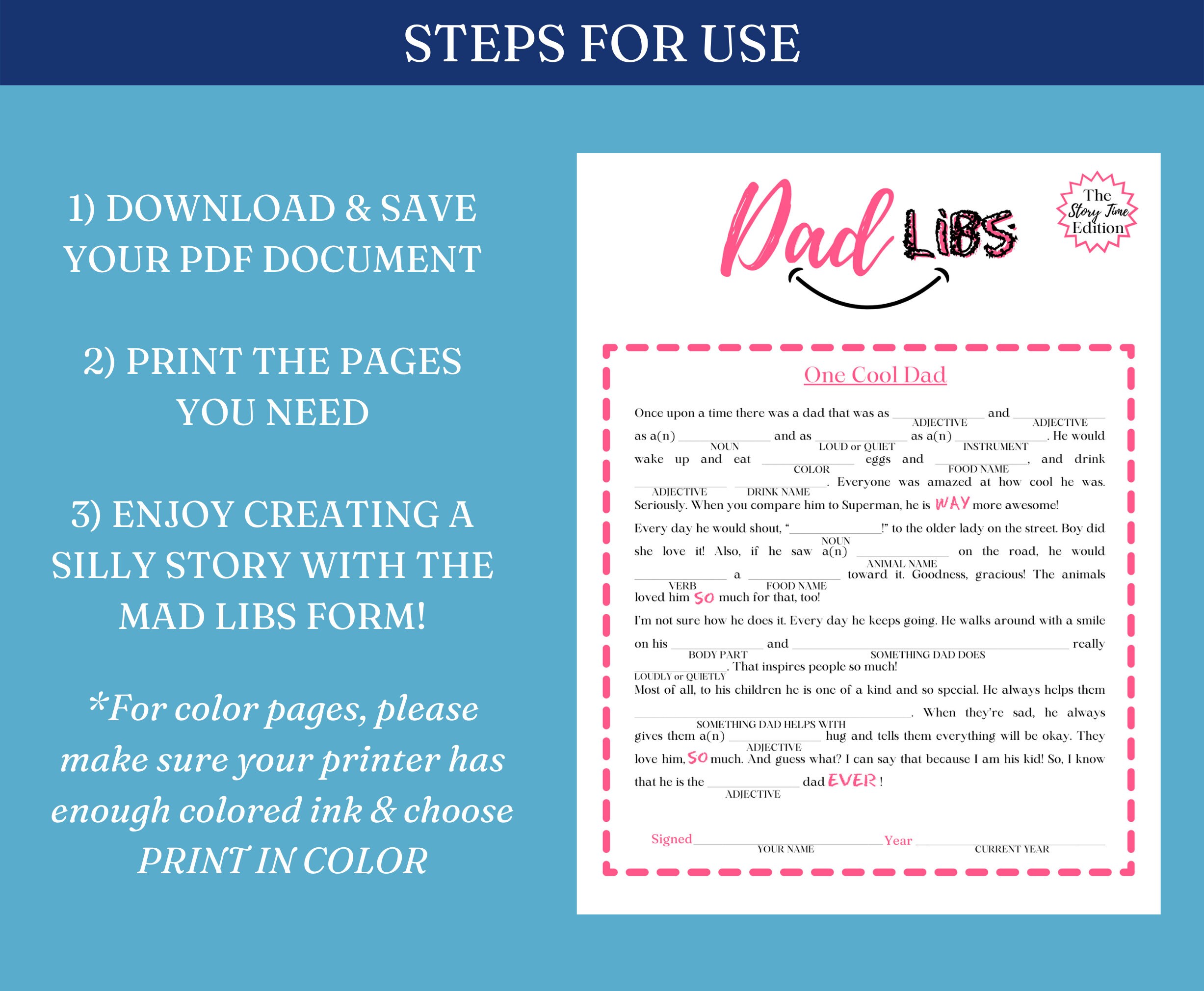 Dad Libs Storytime Edition Mad Libs Printable, Perfect for Fathers Day ...