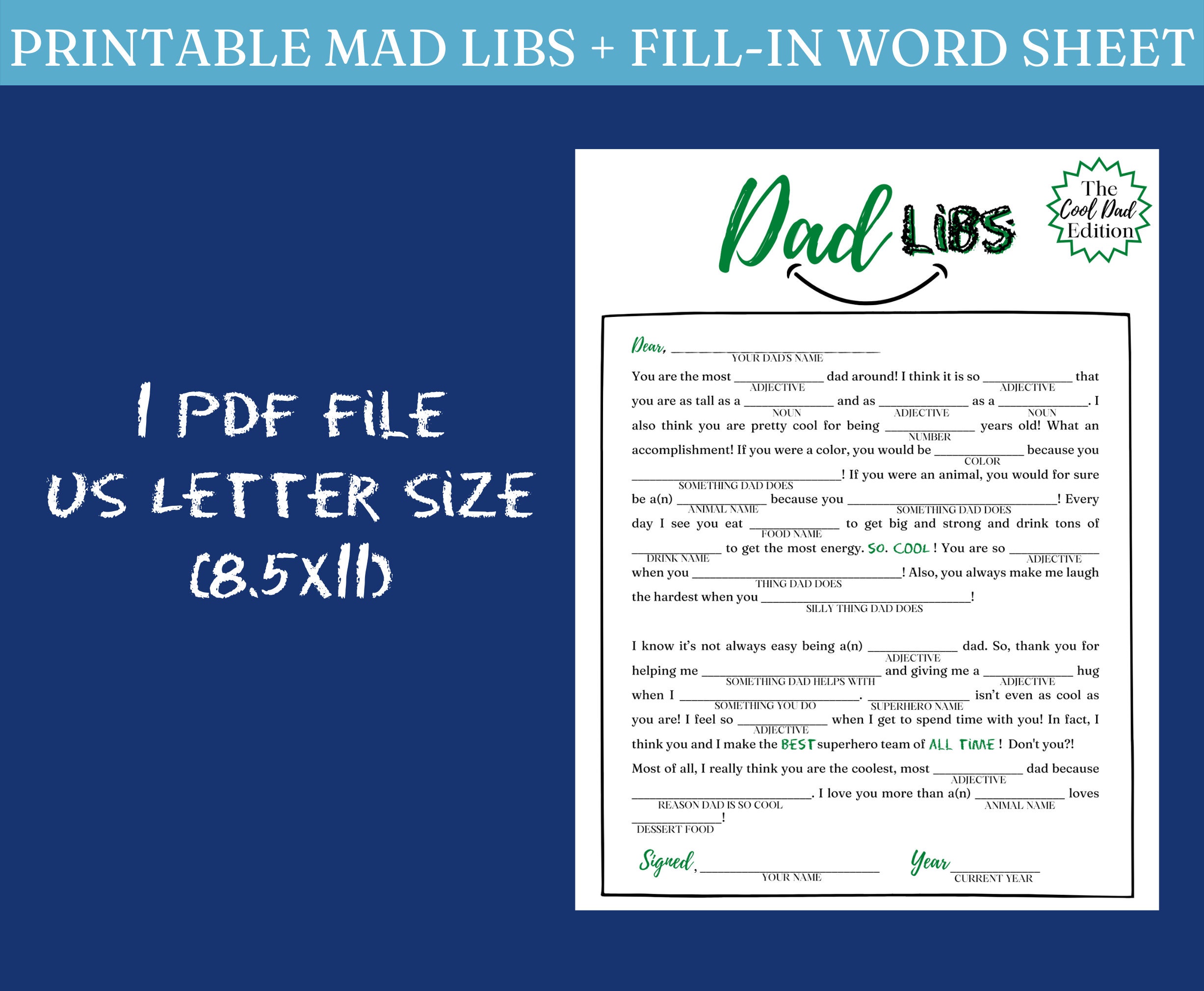 Father's Day Gift, Dad Libs Activity! Cool Dad Edition! Mad Libs ...