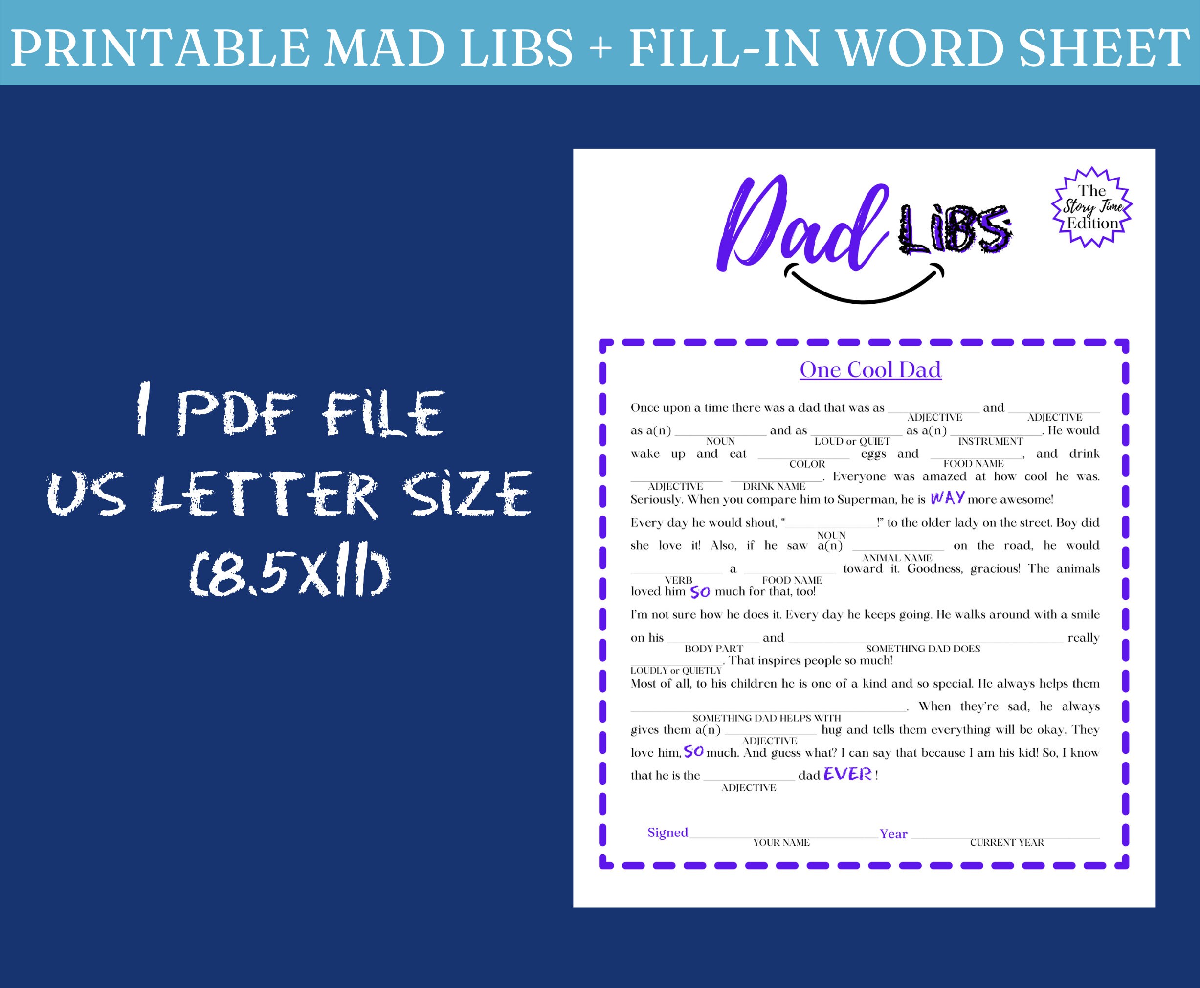 Dad Libs Storytime Edition Mad Libs Printable, Perfect for Fathers Day ...