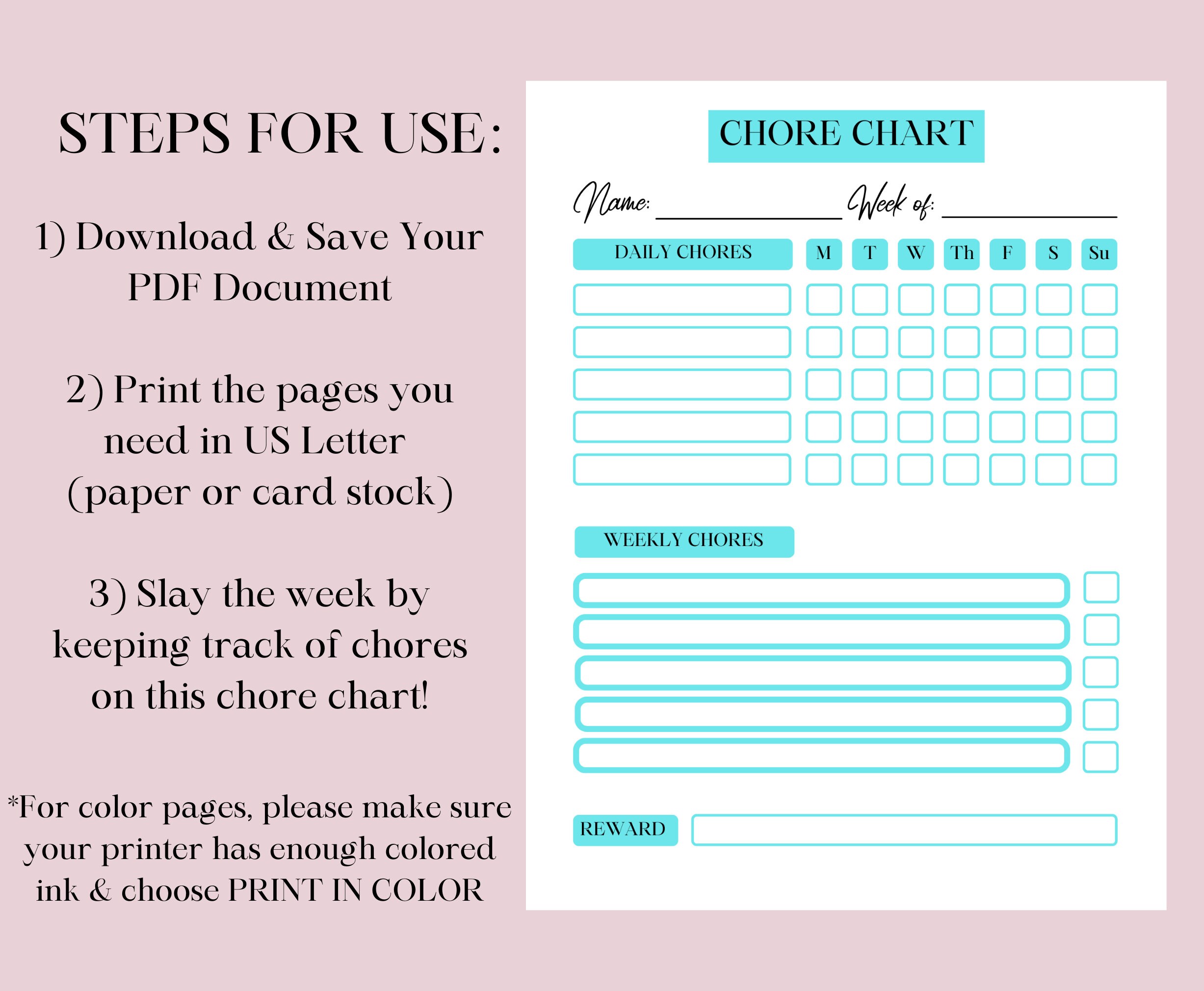 Chore Chart Bundle! Printable, 7 Color Pages, Daily Chore List, Weekly ...