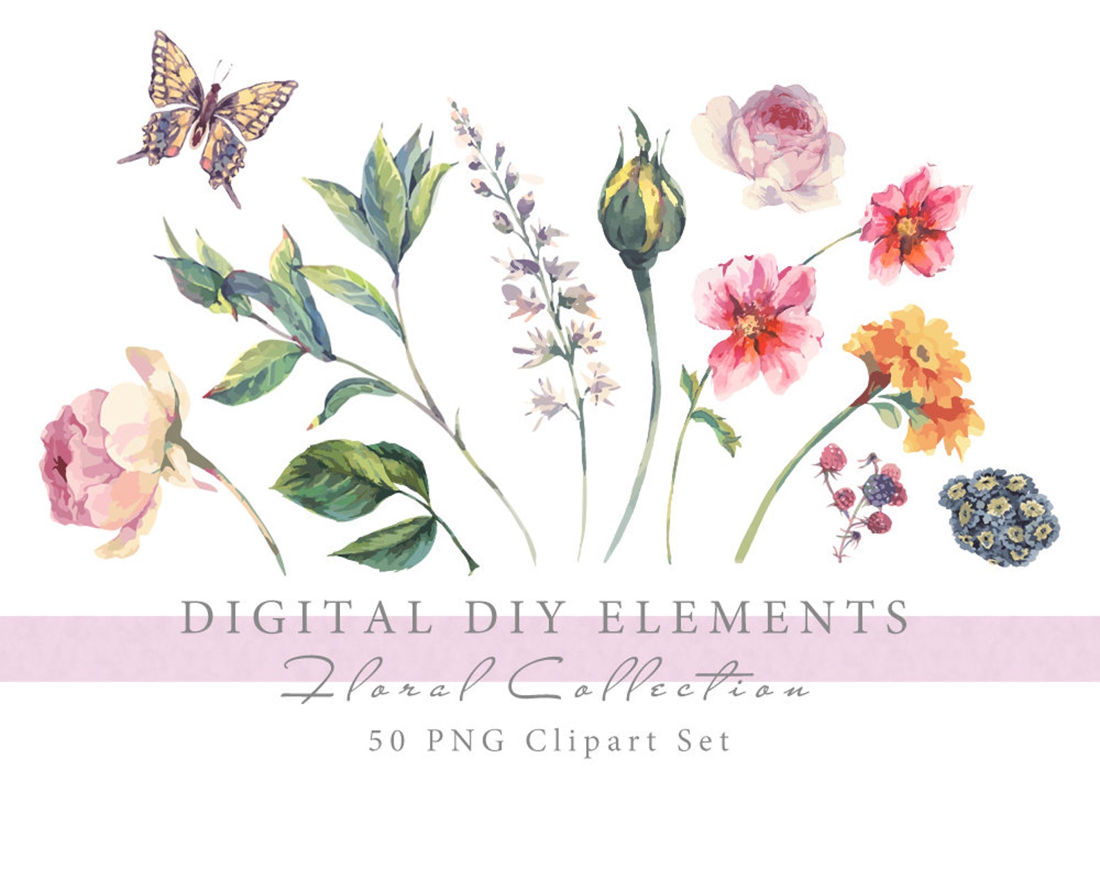 Floral Watercolor PNG Clipart Digital File - Instant Download ...