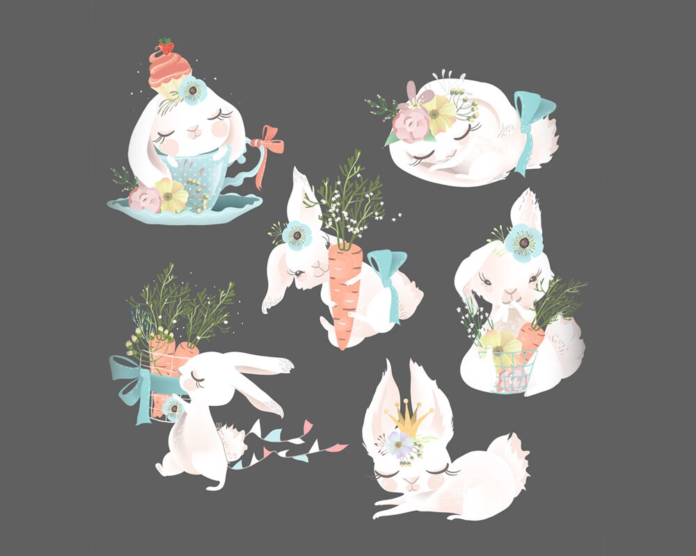 Floral Easter Bunny Clipart Set Watercolor Easter Bunny Clipart ...