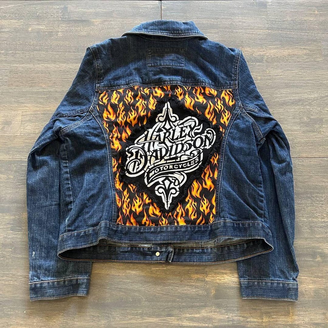 Upcycled Harley Davidson Y2K Flame Patch Back Patch Denim Jean Jacket Size Large - Etsy