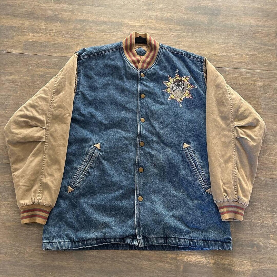 Vintage 90s Looney Tunes Taz Devil Men's Varsity Denim Bomber Jacket ...