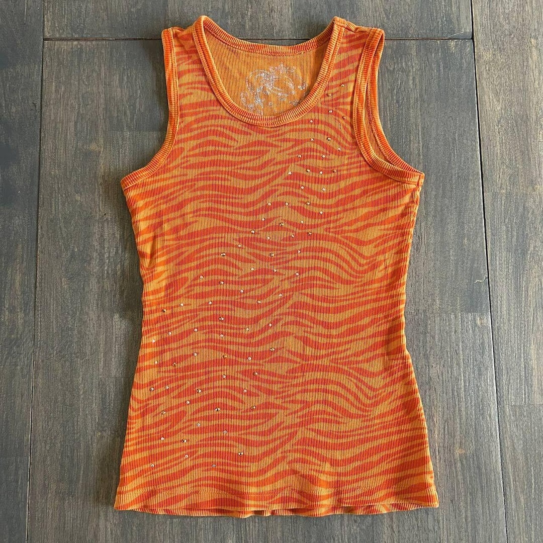 Vintage Y2K Orange Zebra Print Bedazzled Rhinestone Tank Top Shirt Size ...