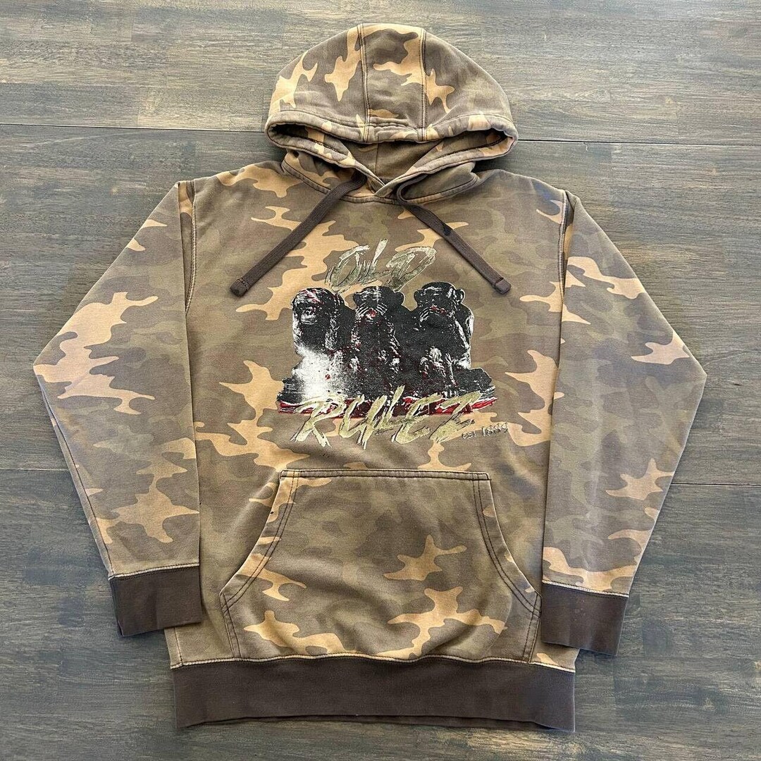 Vintage 2000s Camoflauge Y2K Monkey Graphic Print Pullover Hoodie Mens ...