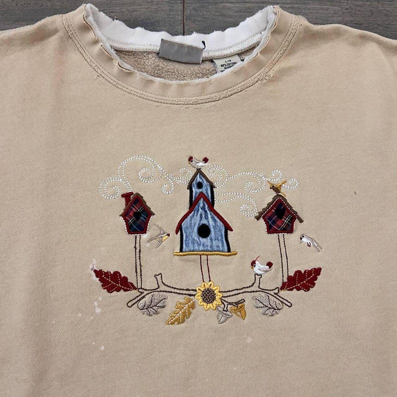 Vintage 90s Bird House Cute Granny Core Distressed Ringer Sweatshirt ...