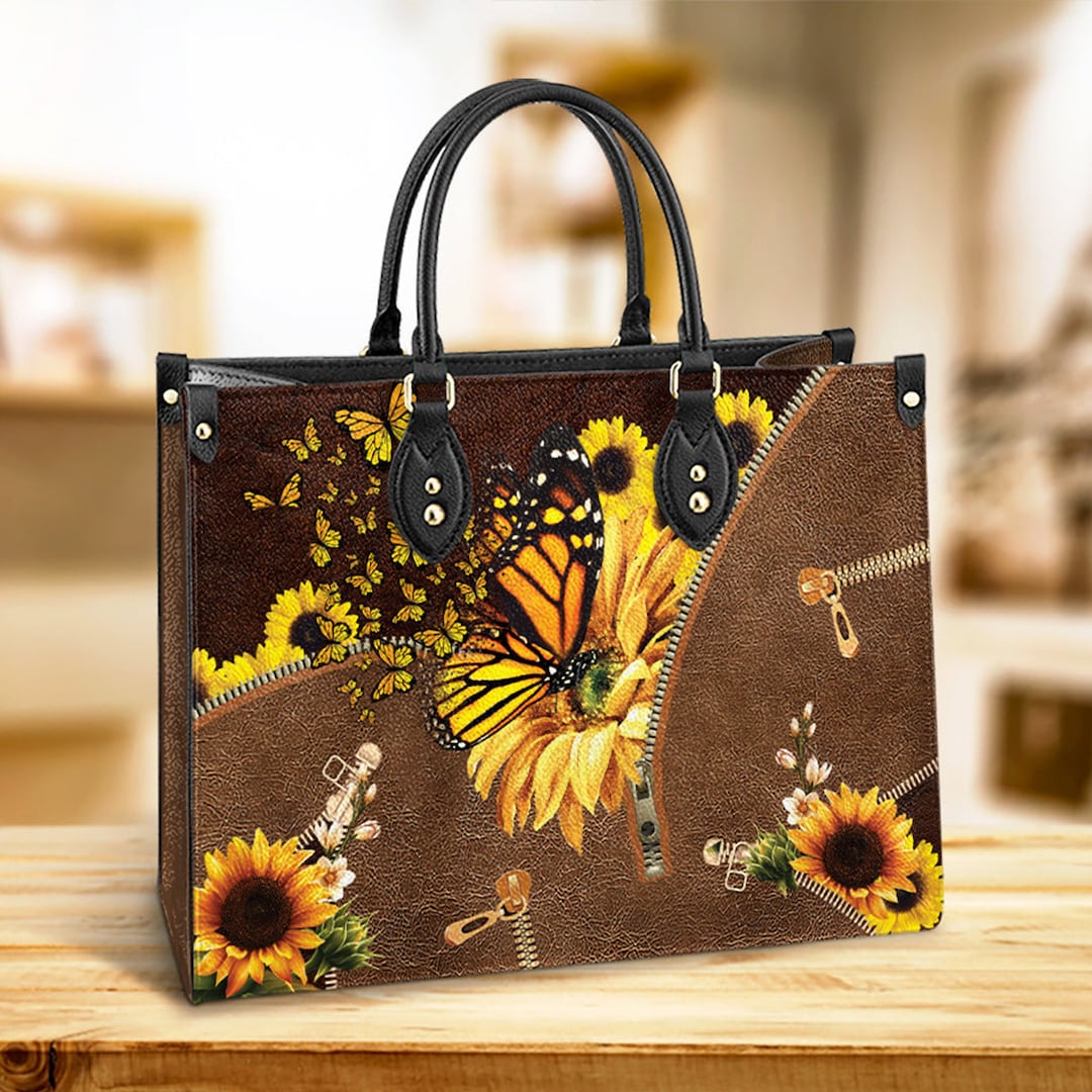 Butterfly Sunflowers Leather Bag, Butterfly Handbag, Custom Leather Bag ...