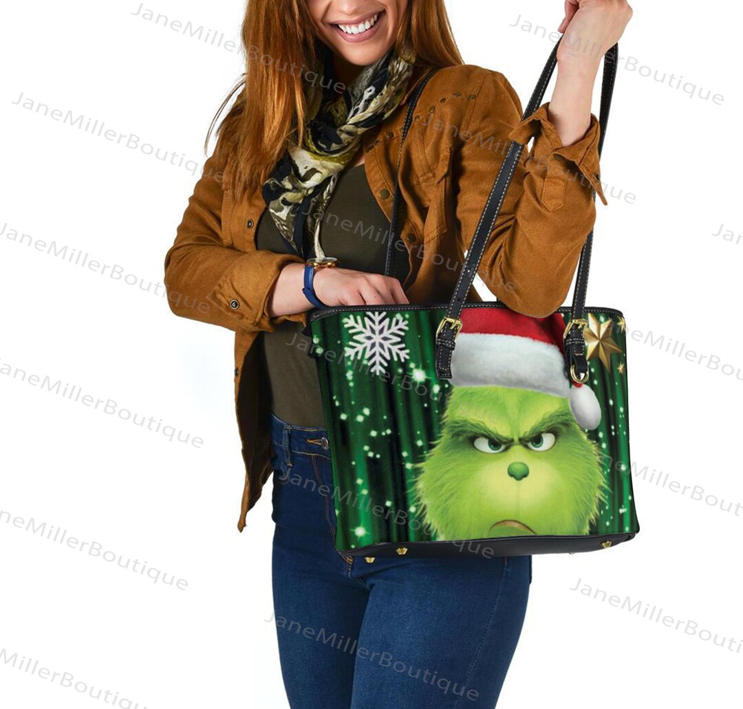 Grinch Christmas Leather Tote Bag, Grinch Lover Handbag, Custom Leather ...