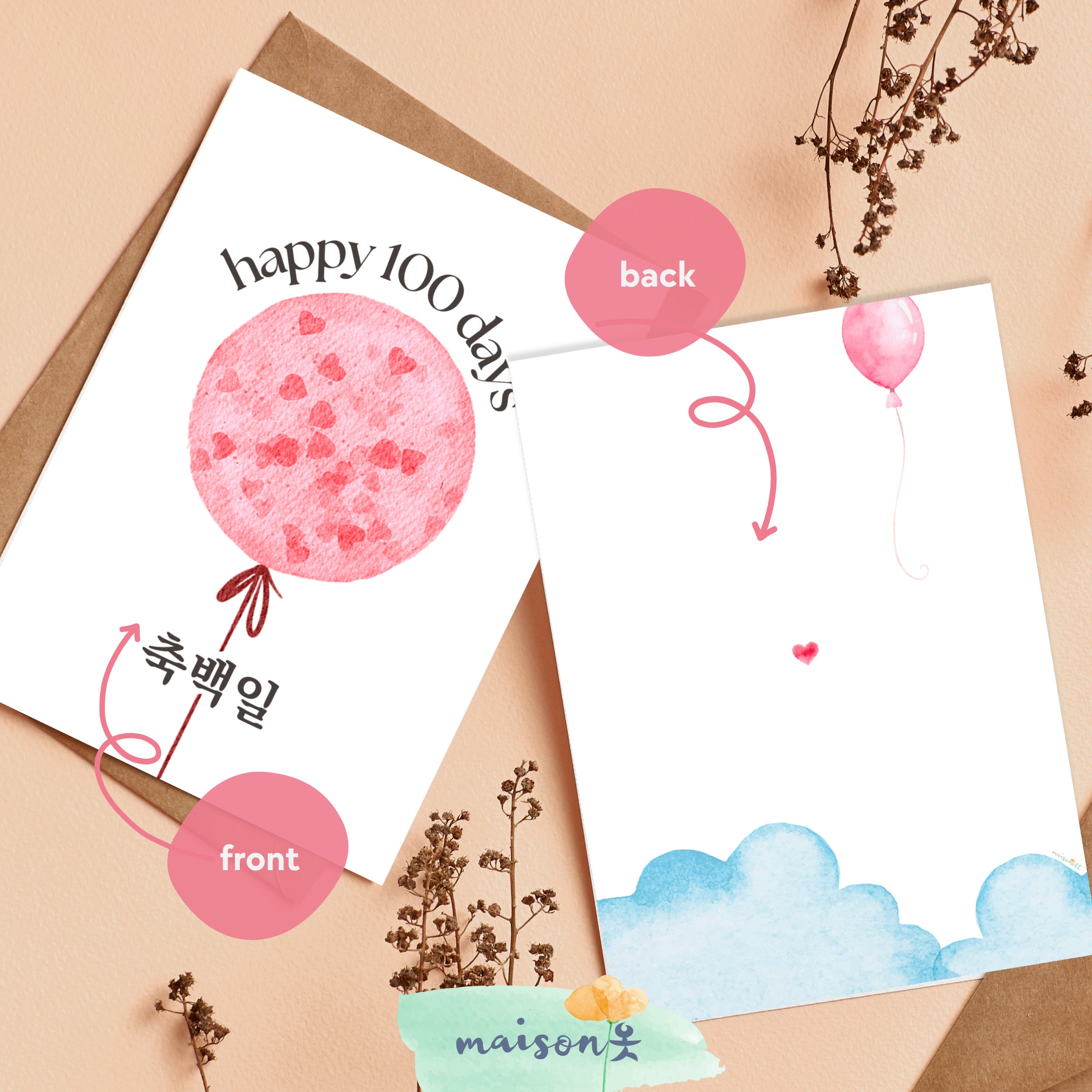 100 Days Card | Red Pink Strawberry Hearts | Korean Baekil Hangeul Card ...