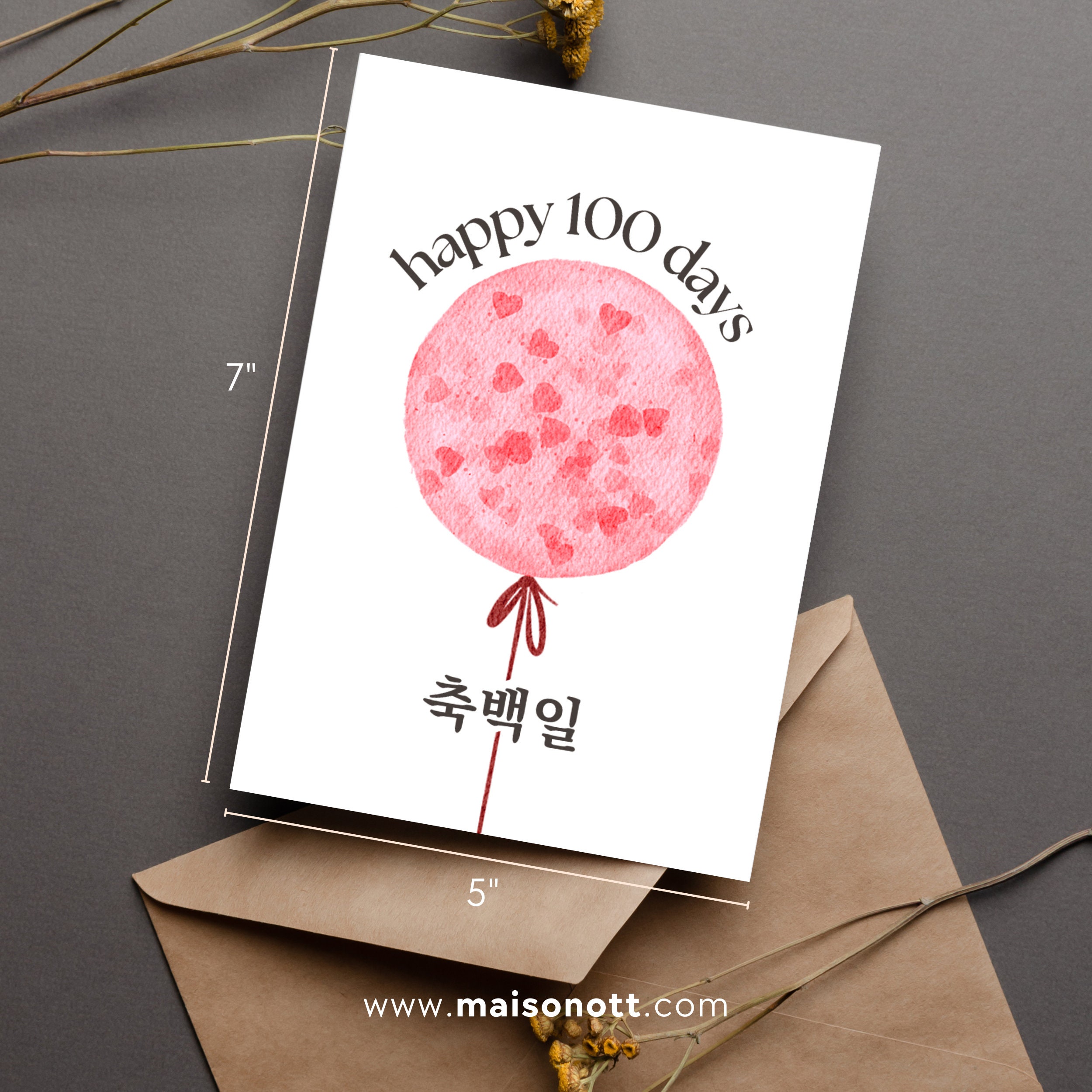 100 Days Card, Red Pink Strawberry Hearts, Korean Baekil Hangeul Card ...