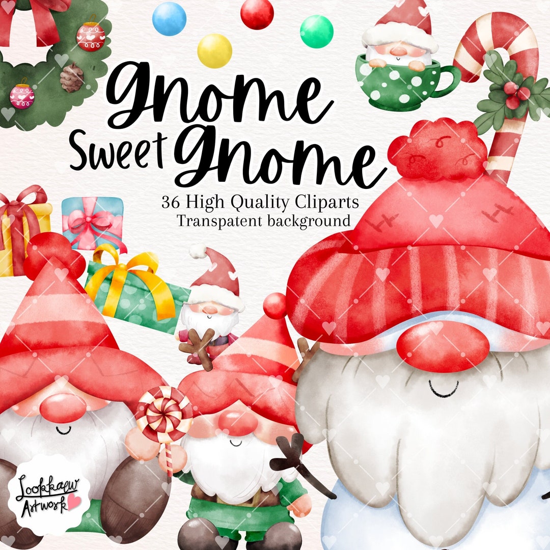 Cute Gnome Christmas Watercolor Clipart, Gnome Sweet Gnome, Kawaii ...