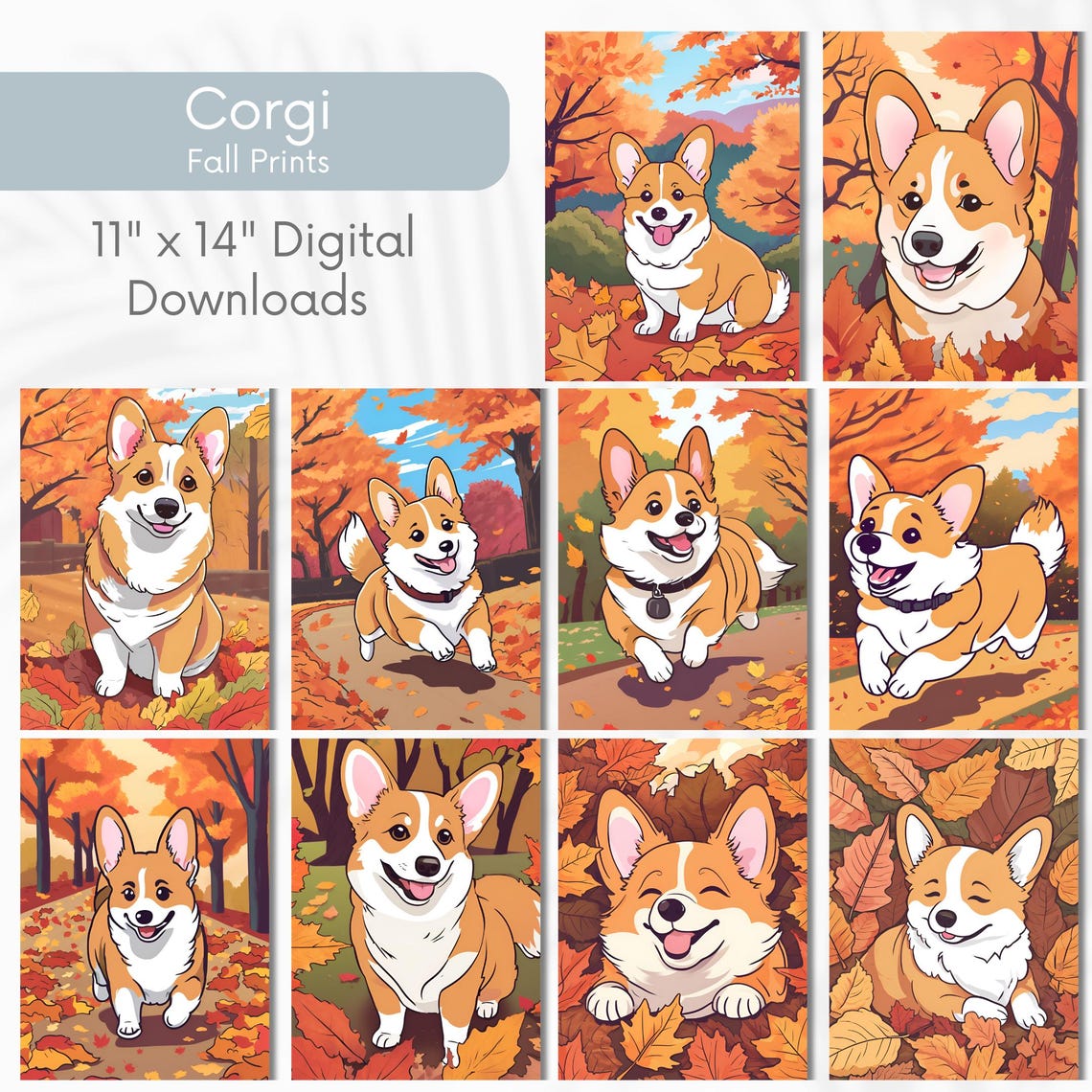 Fall-themed Corgi Art | 11x14 Digital Download | Set of 10 - Etsy