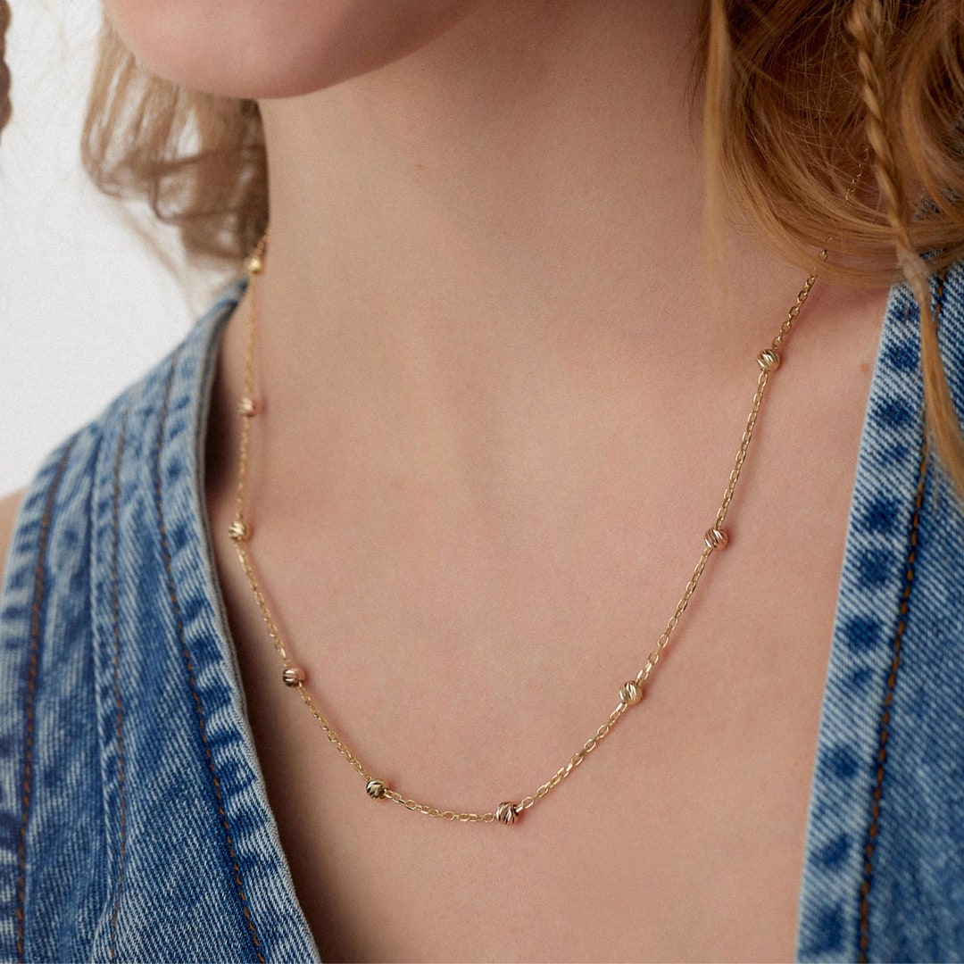 14K Solid Gold Satellite Chain Necklace, Everyday Casual Chain - Dainty ...